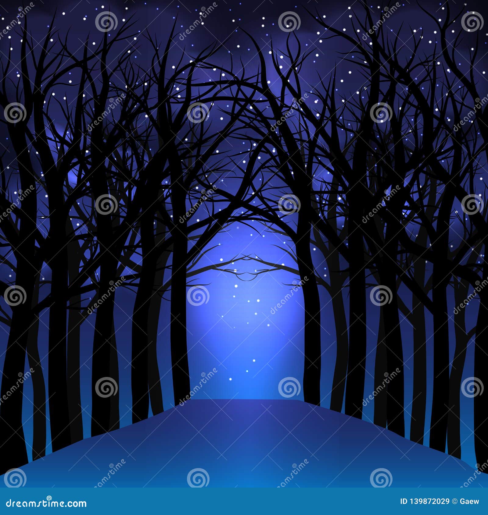 Night Fantasy with Dead Trees and Star of Aurora Stock Vector ...