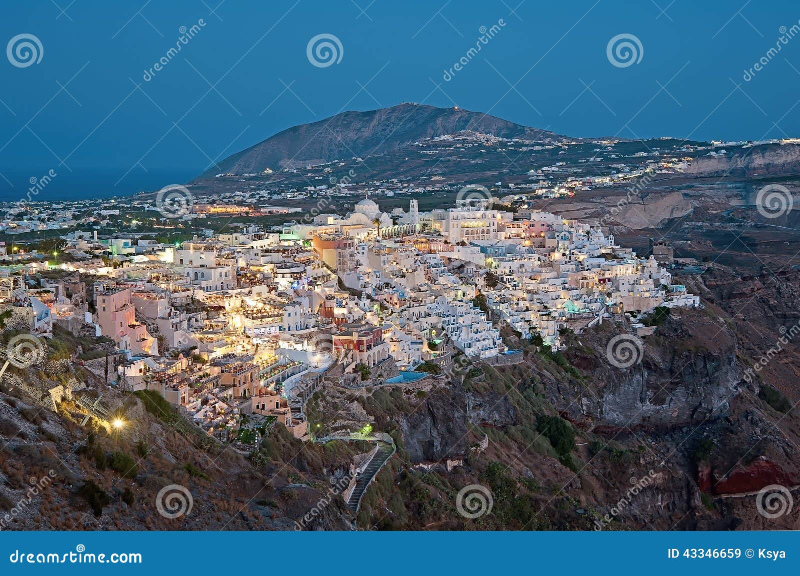 Night Fira Panorama at Santorini, Greece Stock Image - Image of descent ...