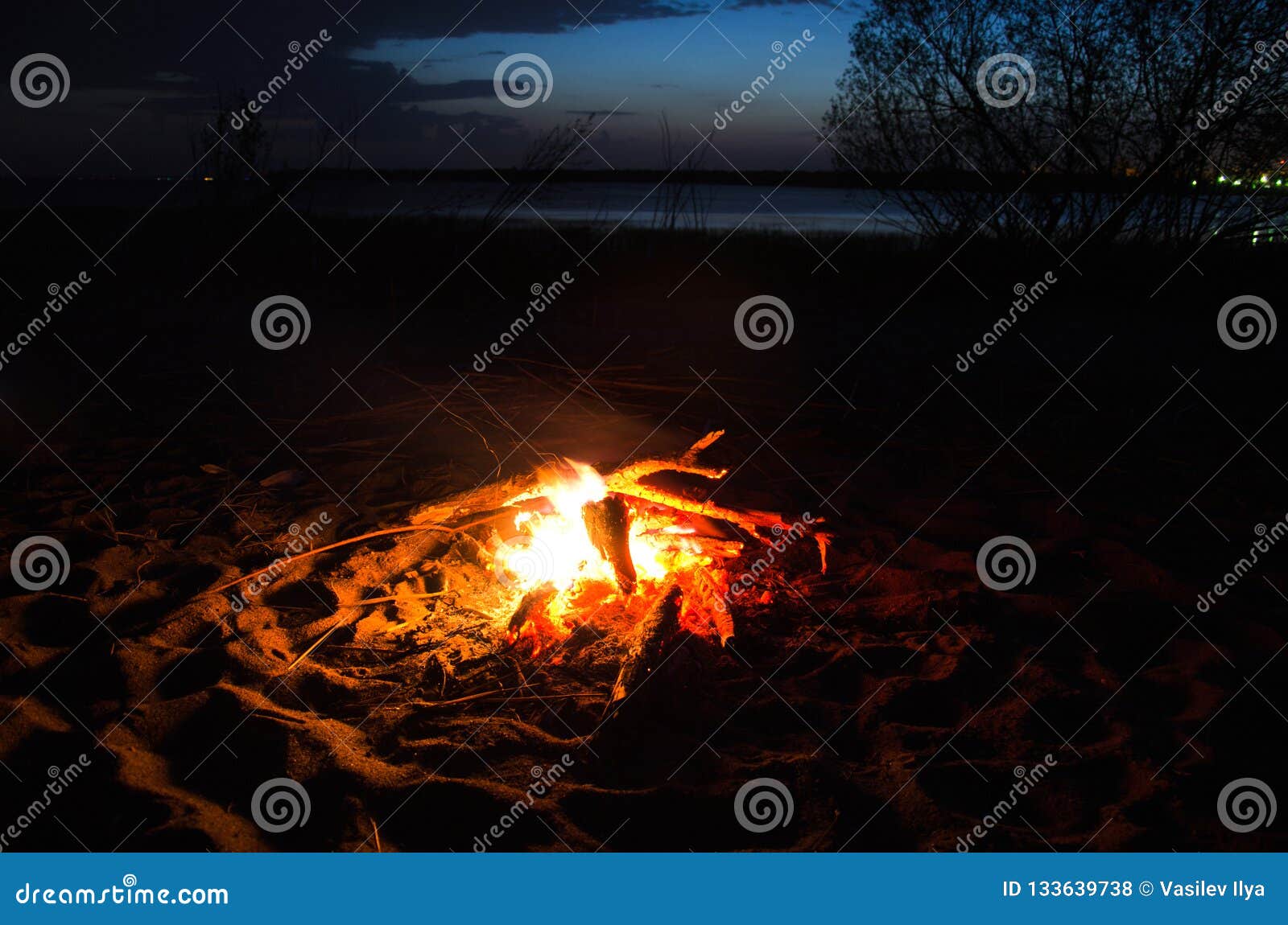 Night Fire on the Wild Beach Sand Stock Photo - Image of night, camping ...
