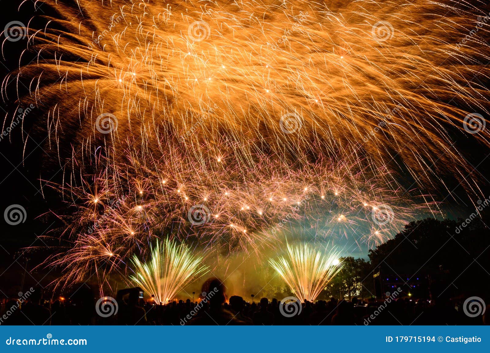 Night Fireworks Display, Large Numbers of People Gathered Stock Photo ...