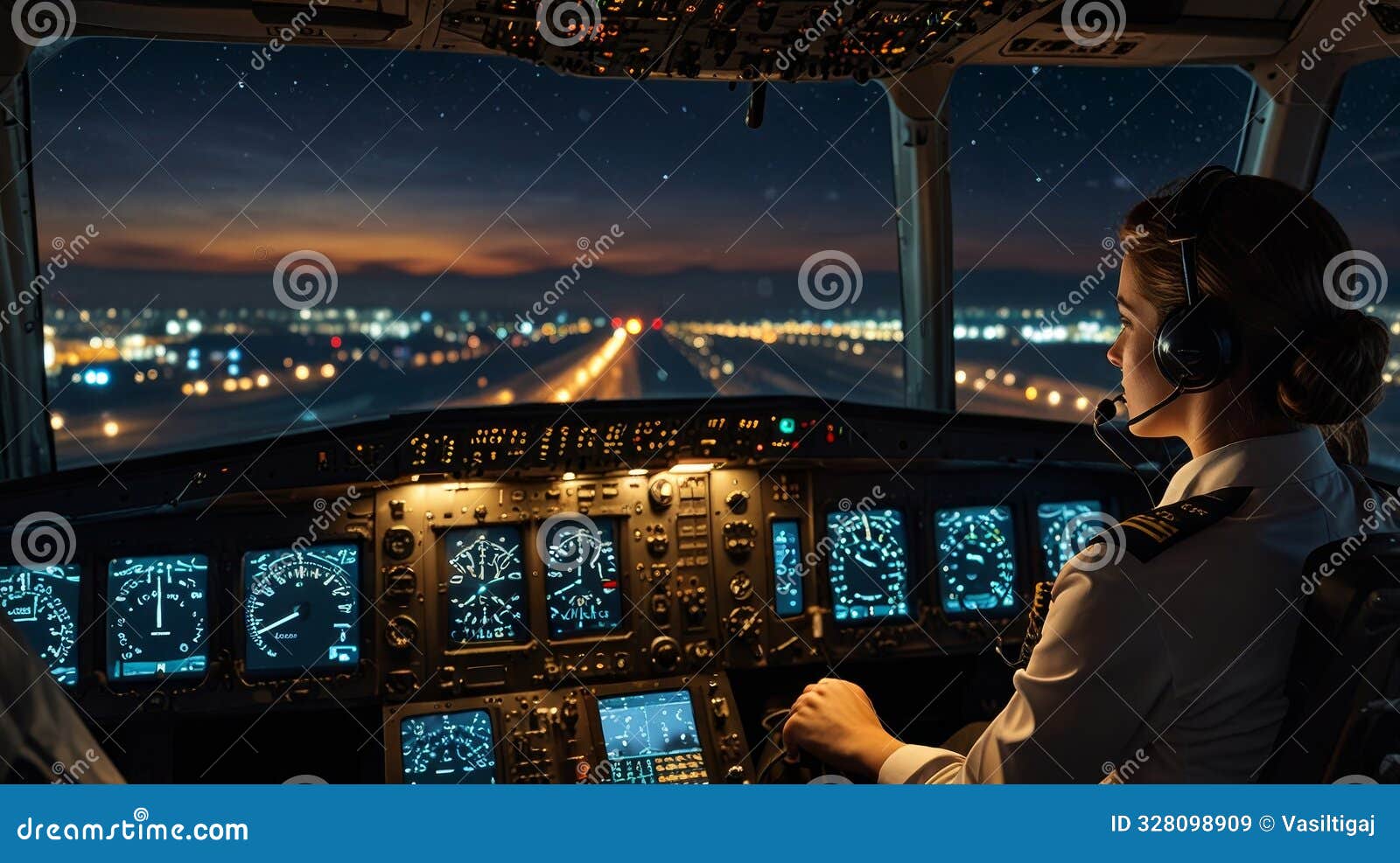 Cockpit View Of Modern Airplane With Pilots And Flight Instruments ...
