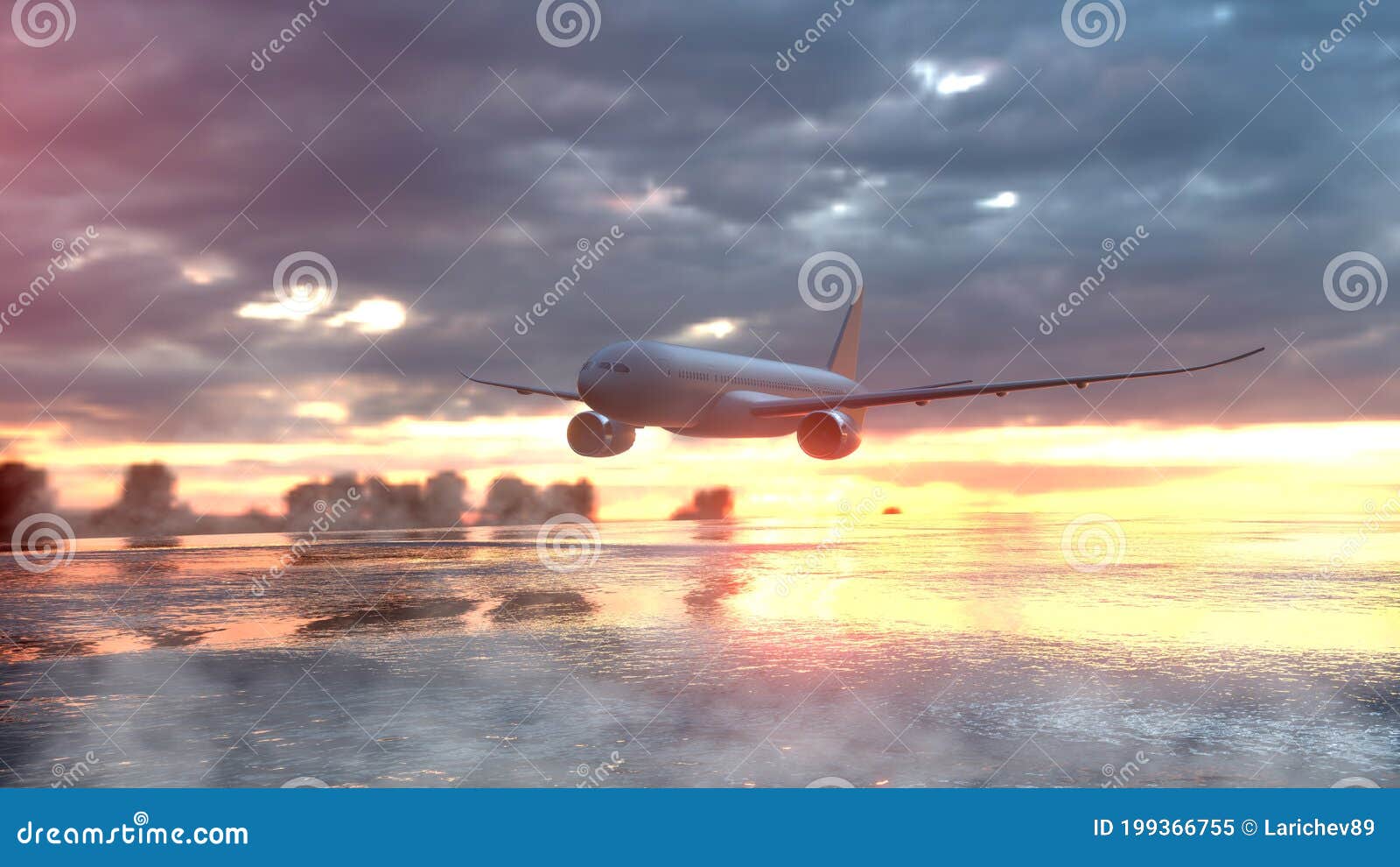 Night Flight. Passenger Aircraft Over the Sea at Dusk Stock ...