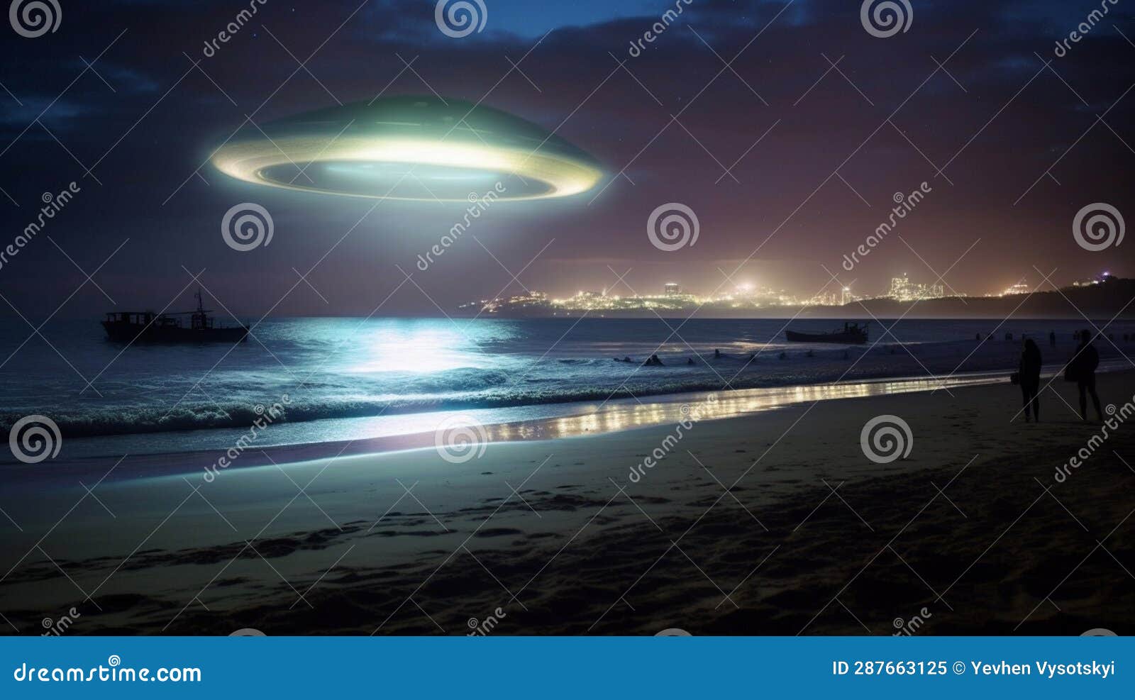 A Disk-shaped Alien Spacecraft Lands on the Ocean Coast, Above the ...