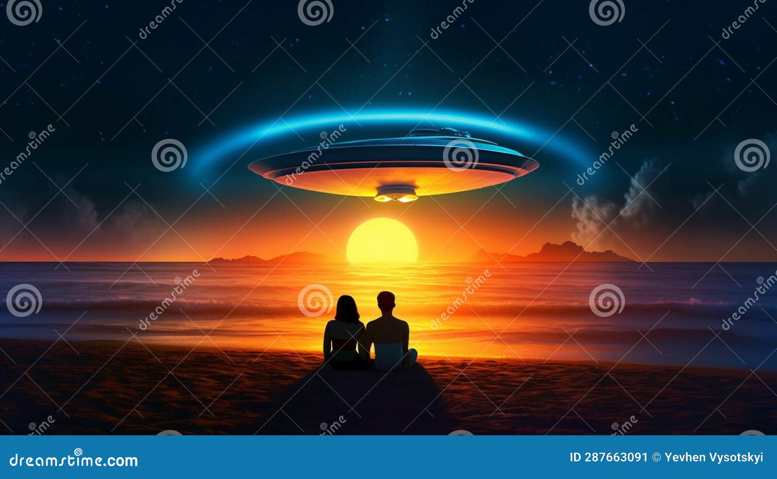 People on the Coast Sit on the Sand and Look at the UFO. an Alien Ship ...