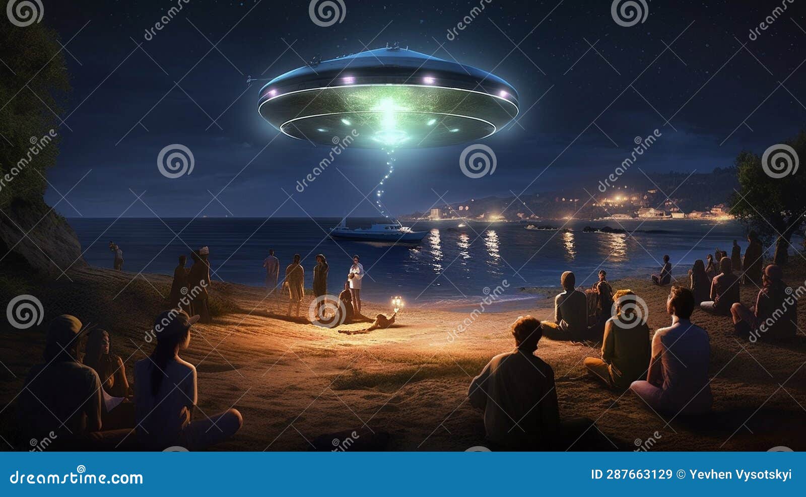People on the Coast Sit on the Sand and Look at the UFO. an Alien Ship ...