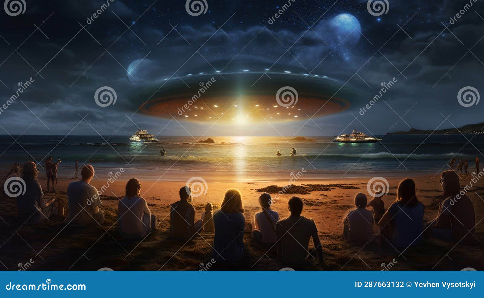 People on the Coast Sit on the Sand and Look at the UFO. an Alien Ship ...