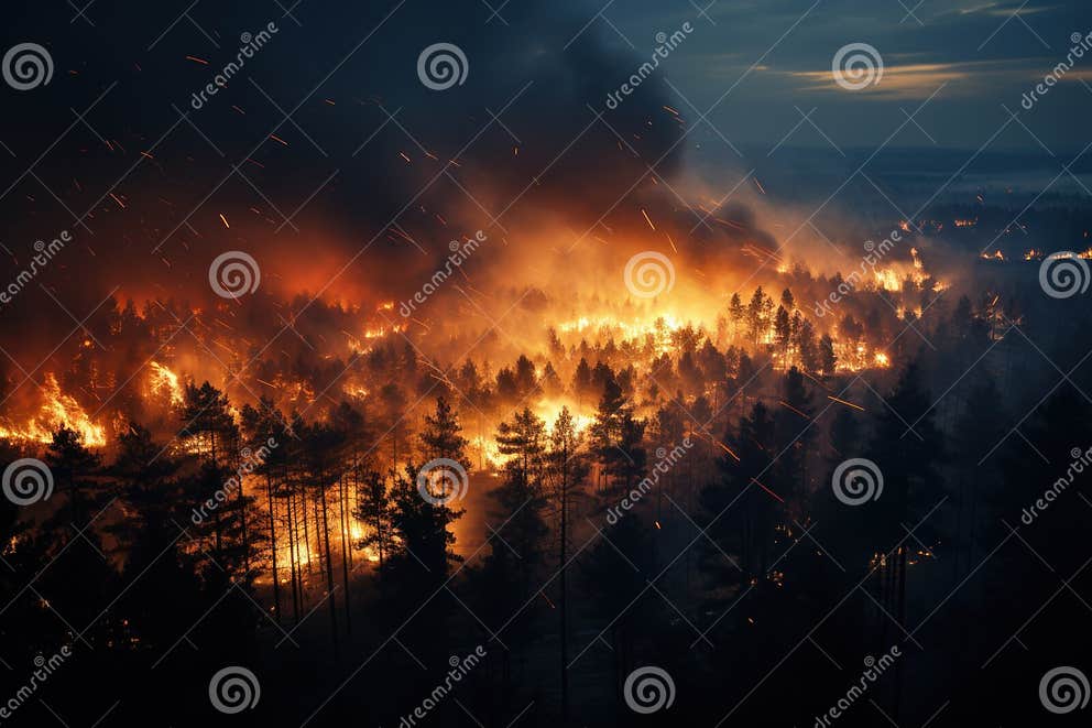 Night Forest Fire Burns the Pine Trees in the Forest Generative AI ...