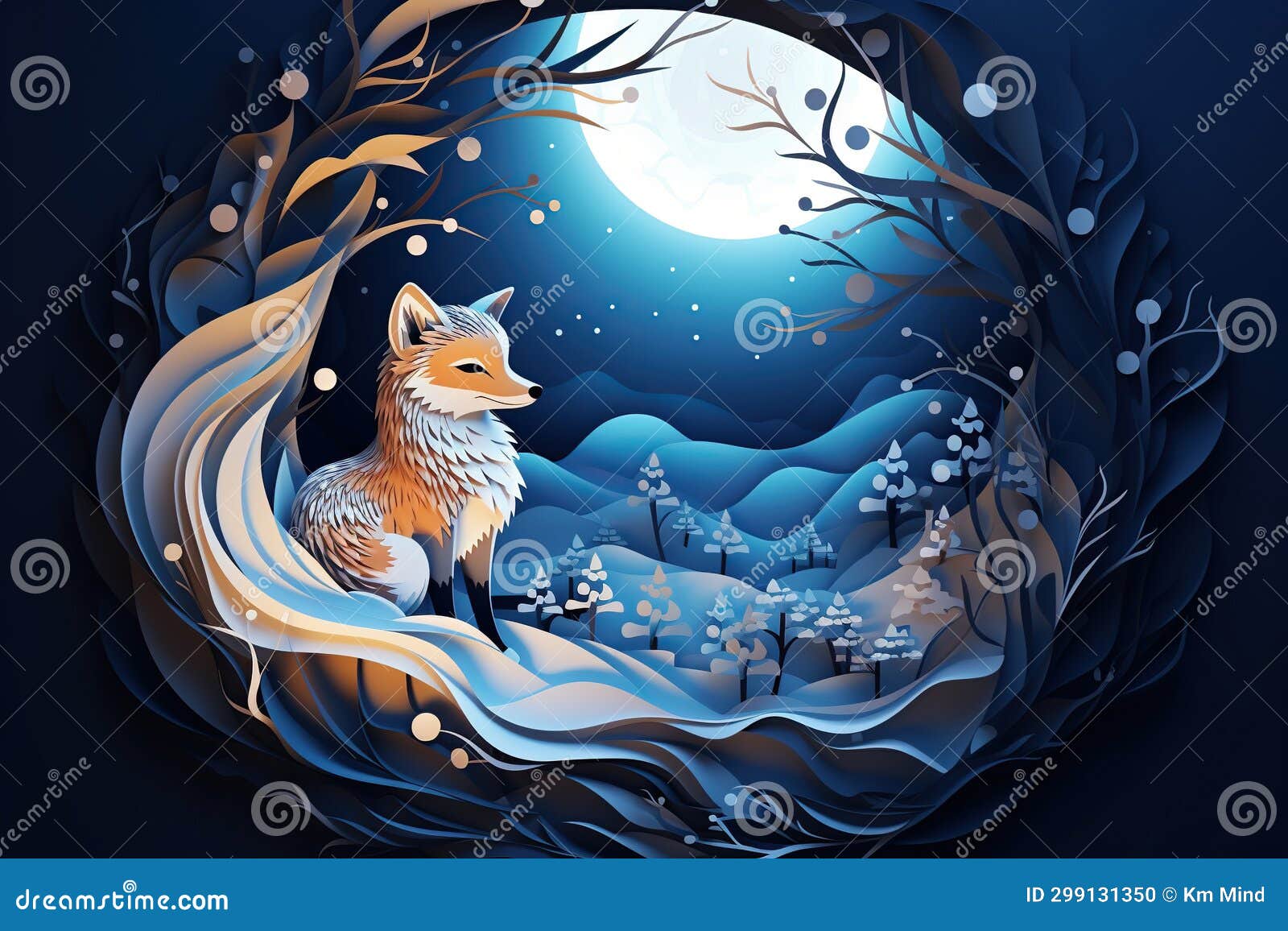 Night Forest with Fox and Full Moon in the Sky. Vector Illustration ...