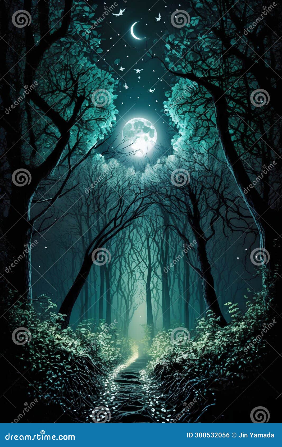 Night Forest with Full Moon and Trees, Vector Illustration. Eps 10 ...
