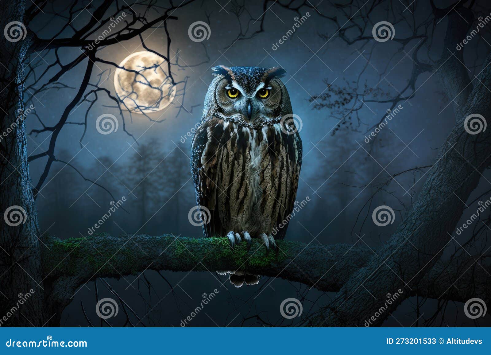 Night Forest, with Owl Perched on Tree Branch, Its Eyes Shining in the ...