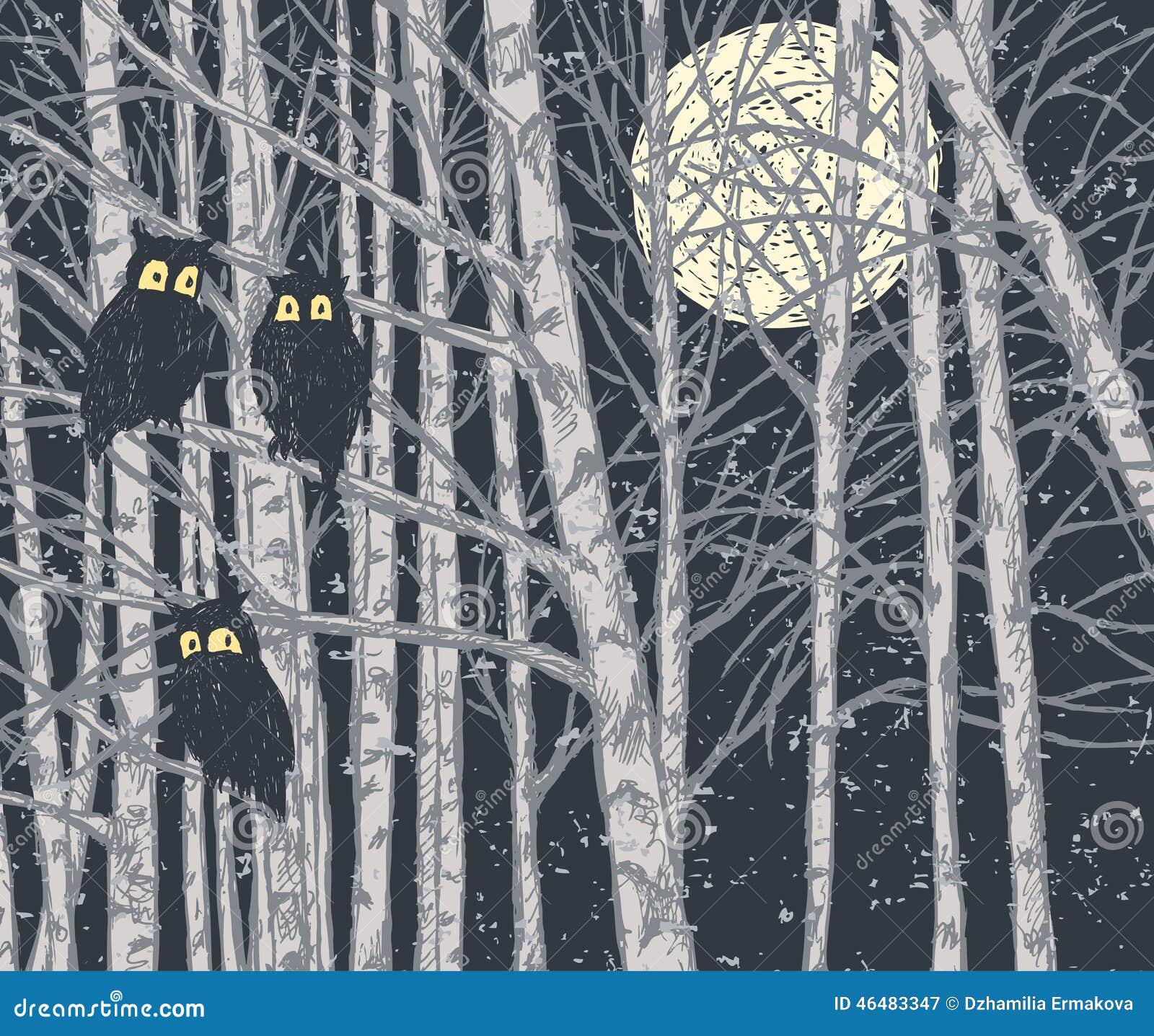 Night in the forest stock vector. Illustration of contour - 46483347