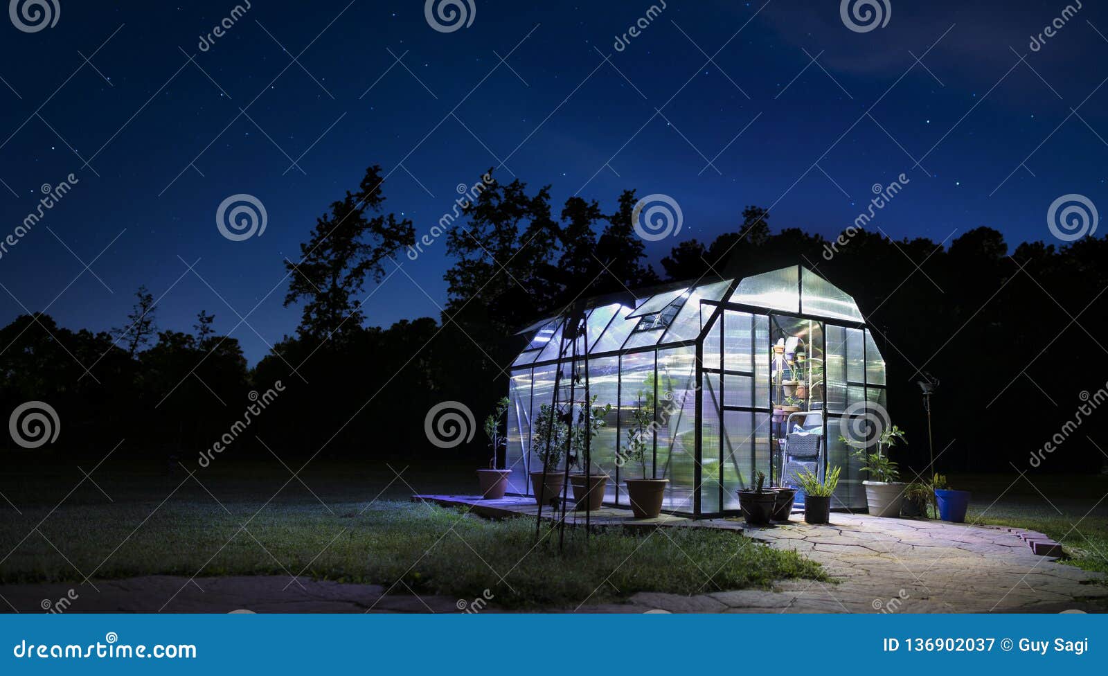 Night Greenhouse Lighted with Stars Stock Image - Image of glass, blue ...