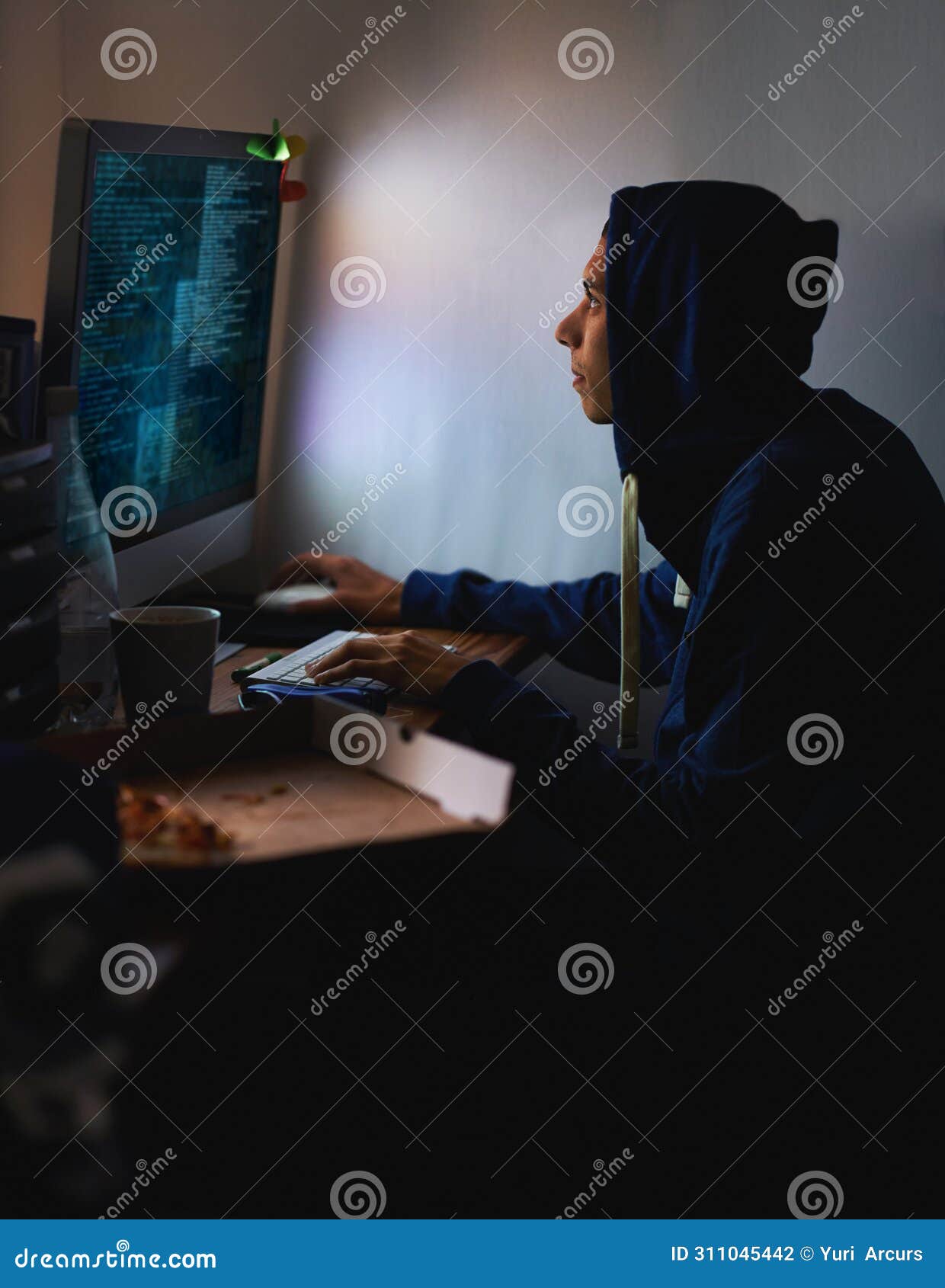 Night, Hacker or Man with Computer, Tech or Typing with Server or Programmer with Nerd or Geek ...