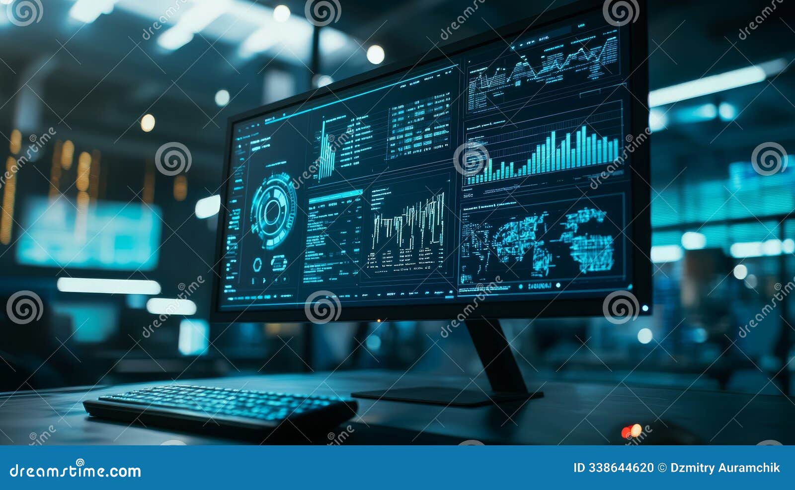 At Night, a High-tech Workspace Displays Data Analysis and Real-time Analytics on Multiple ...