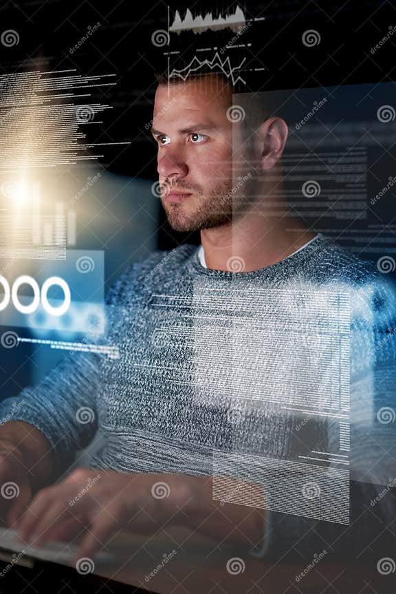 Night Hologram And Man With Focus Analytics And Programming With Cyber Security Research Or