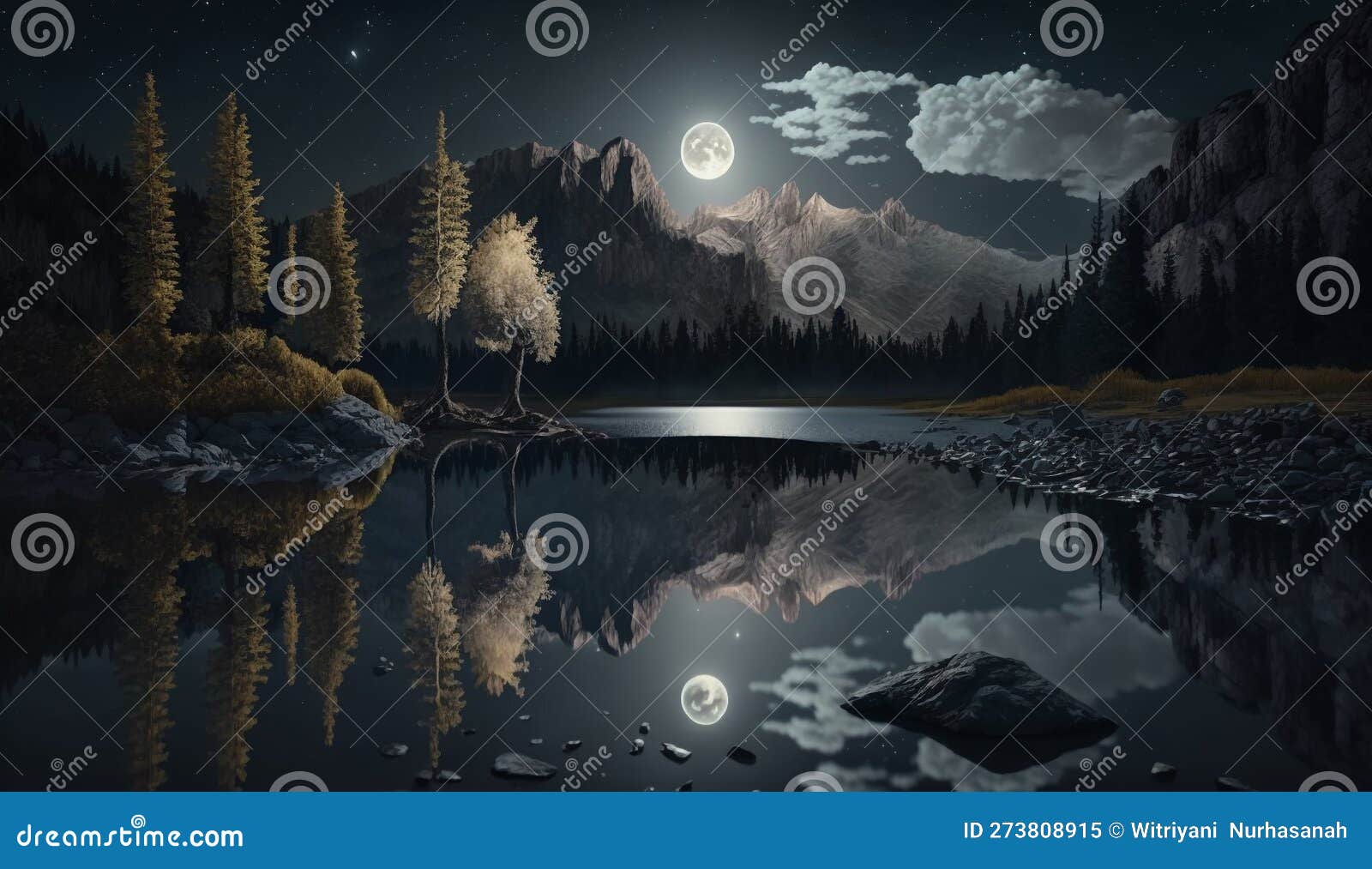 Night Illustration with Moonlight View and Trees at River Stock ...