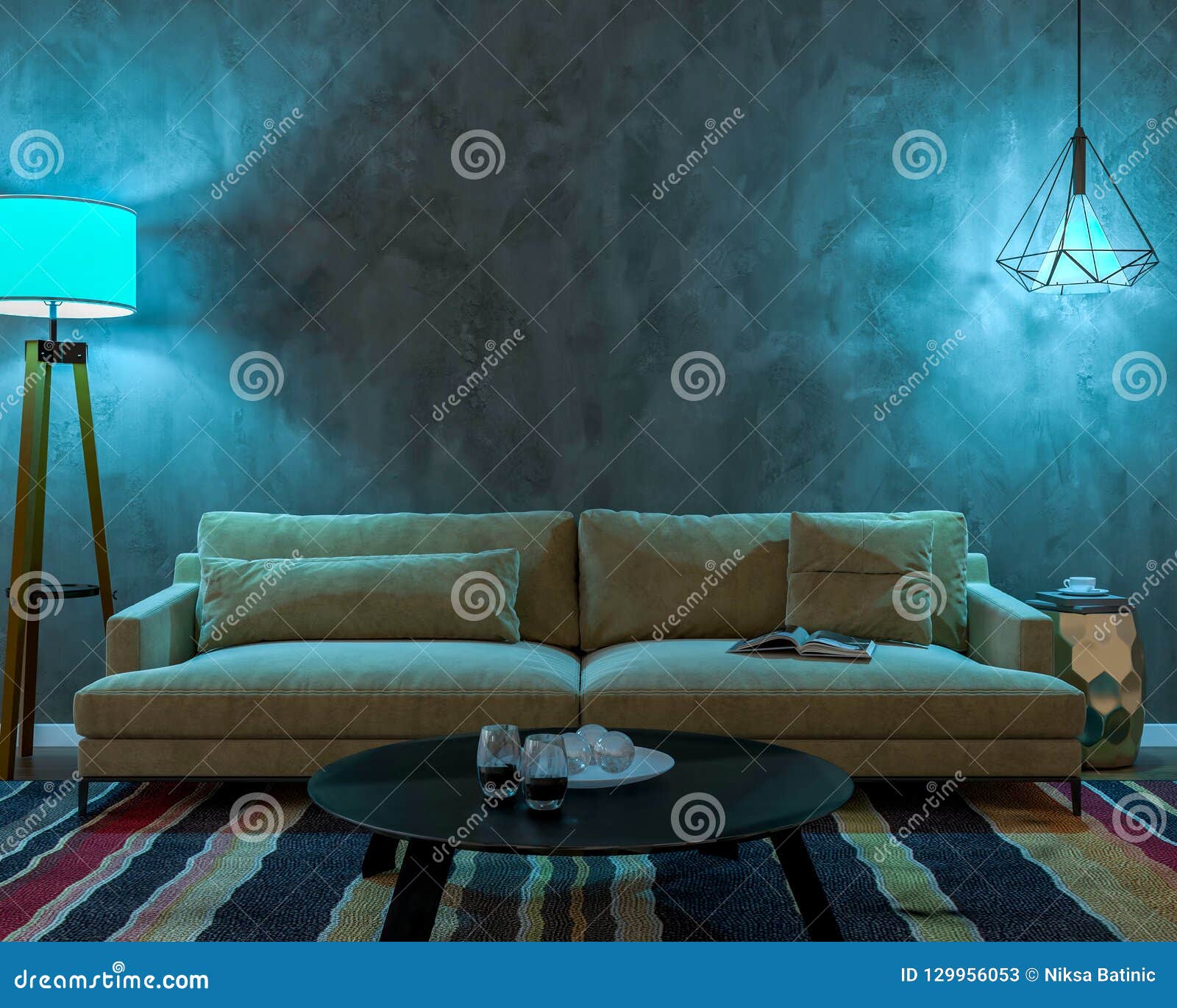 Night Interior with Blue Colored Lights Stock Illustration ...
