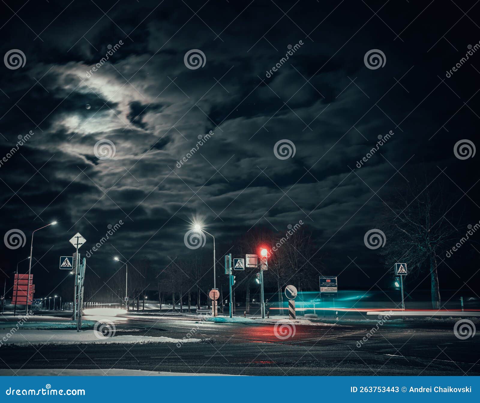 The Night Intersection with Traffic Lights Was Filmed with a Long ...