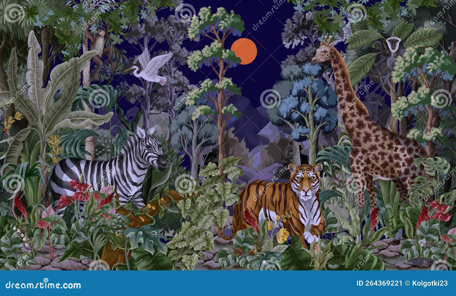 Night Jungle Landscape with Wild Animals for Kids. Vector. Stock Vector ...