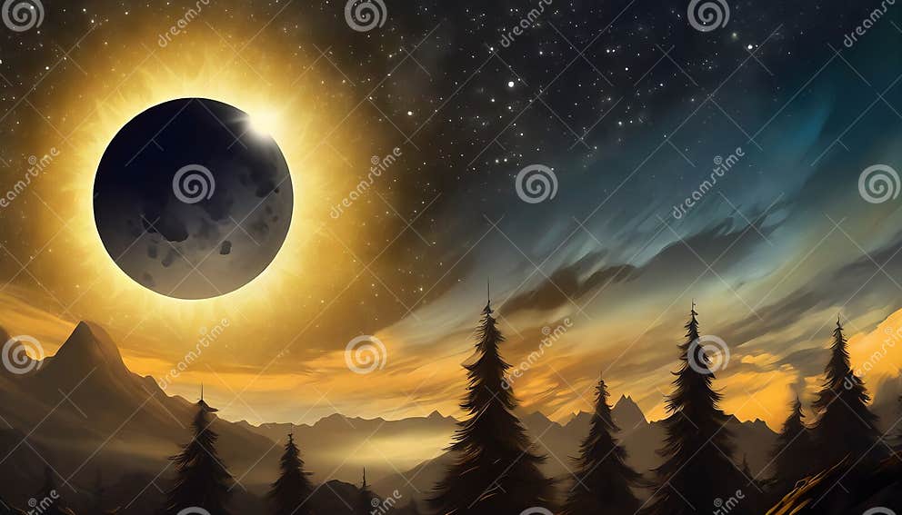 Night Lake with Forest with Solar Eclipse Stock Illustration ...