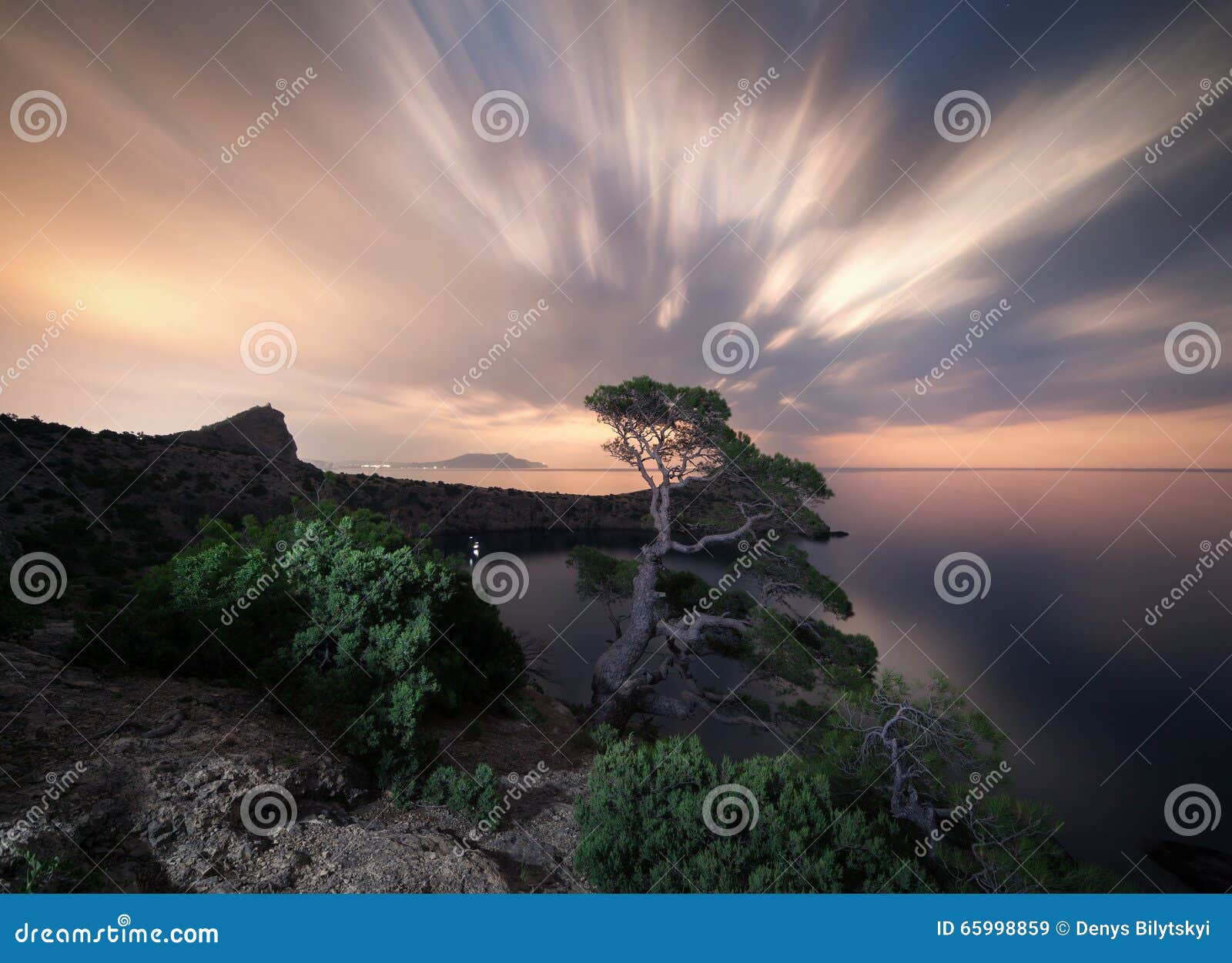 Night Landscape with Beautiful Tree at Mountains with Moonlight Stock ...