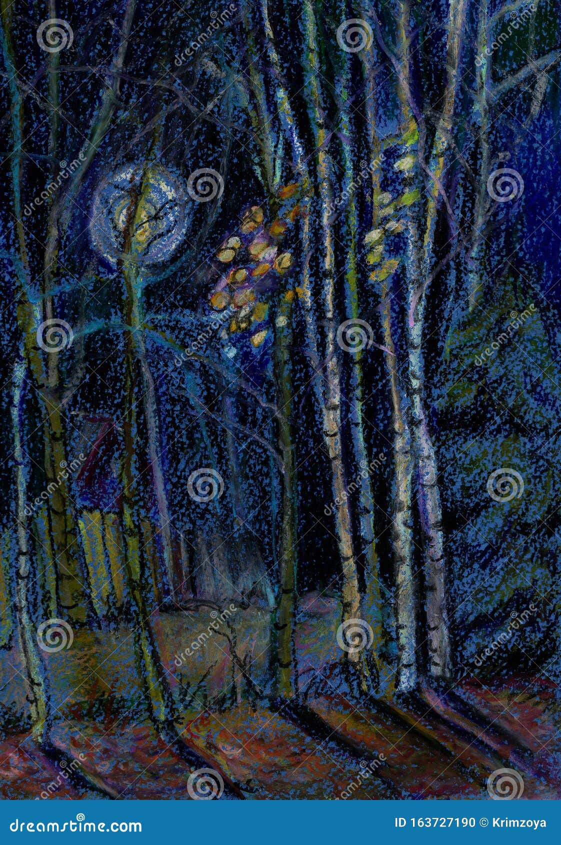 Night Landscape with Birch Trees Stock Illustration - Illustration of ...