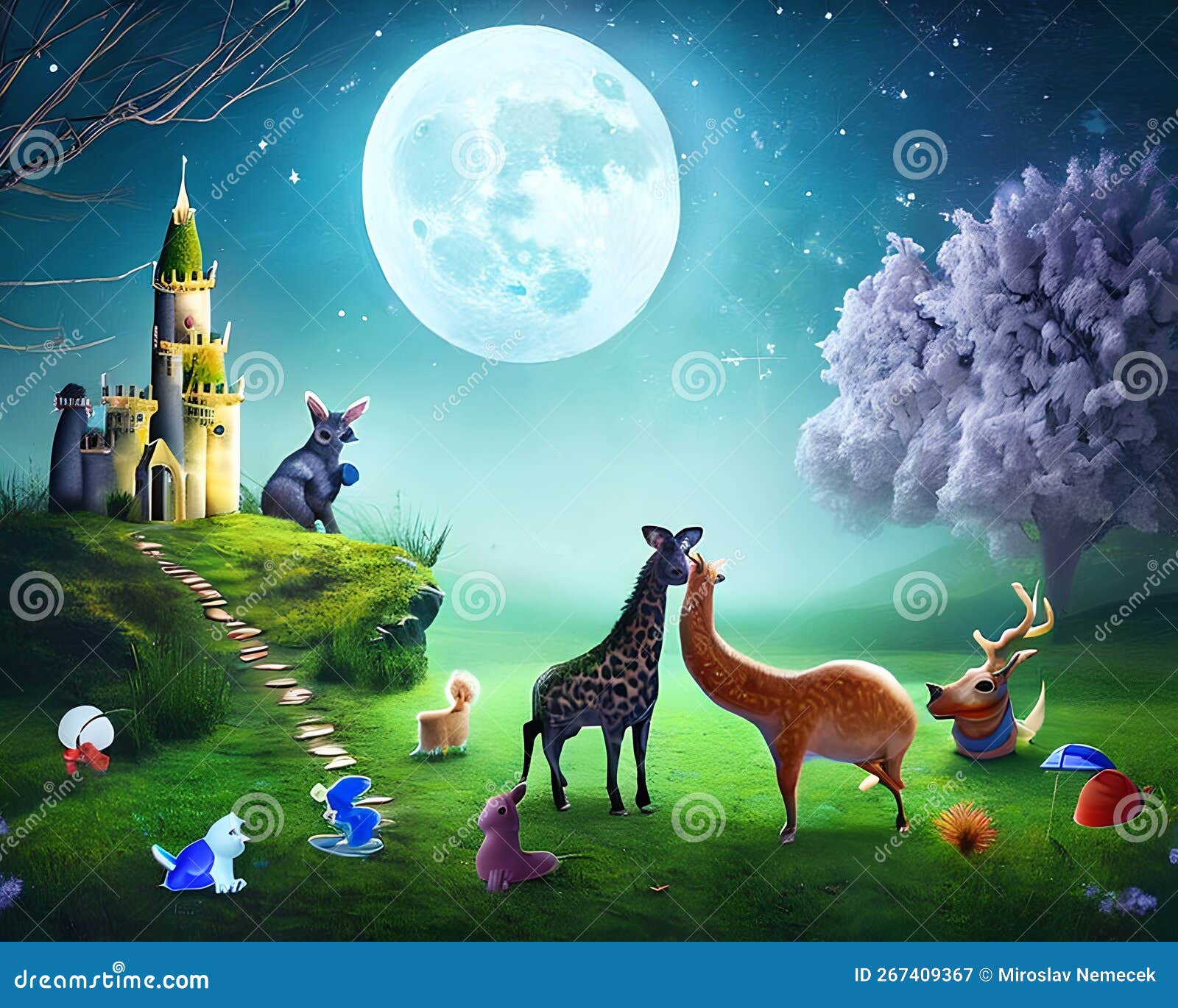 Night Landscape with Fantasy Animals, Generative AI Illustration Stock ...