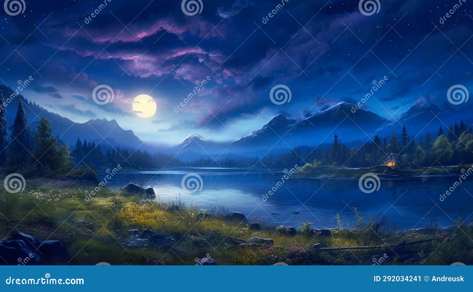 Night Landscape with Full Moon and Small Cabin by the Lake in Mountains ...
