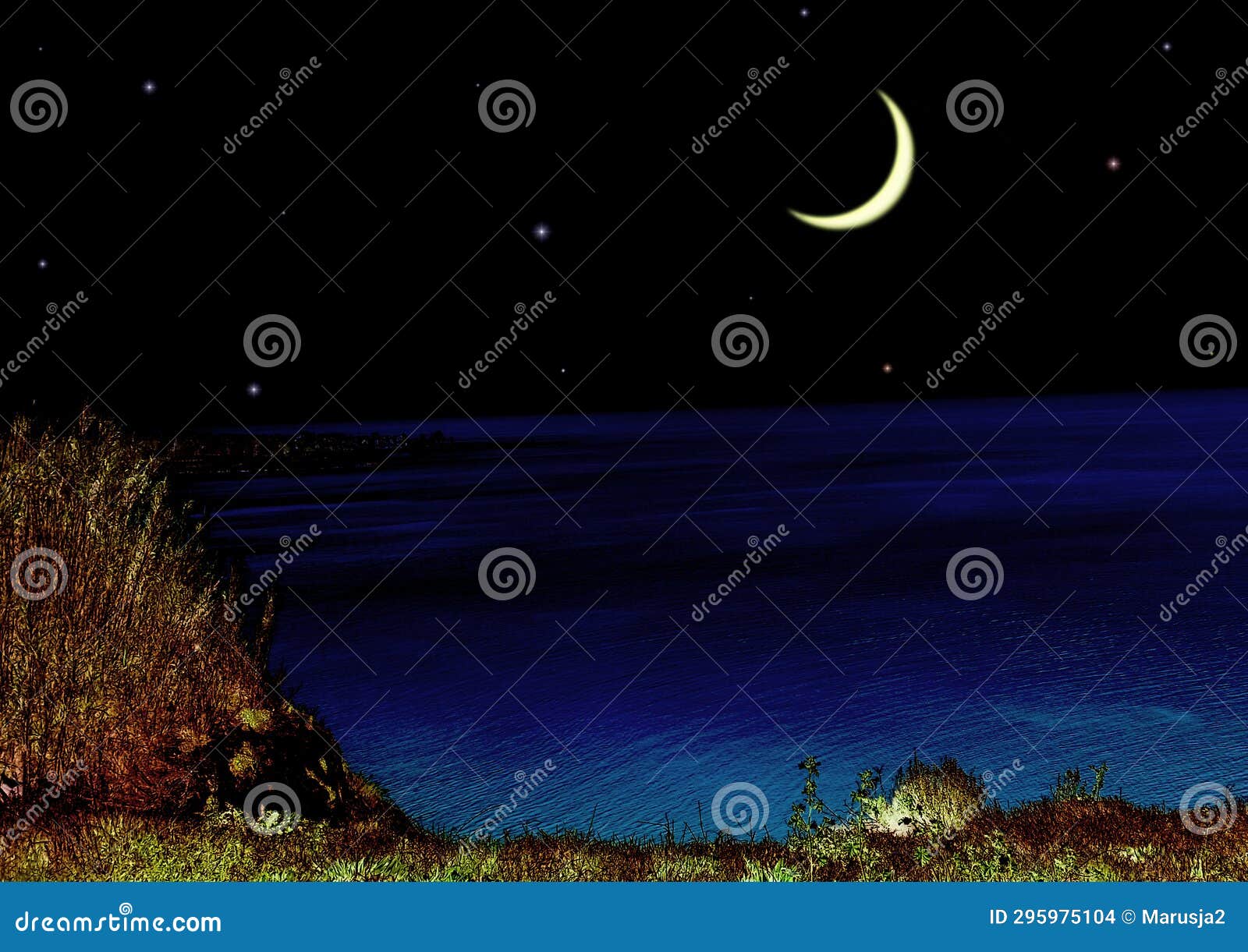 Half Moon in the Black Sky and Blue Sea Stock Photo - Image of round ...