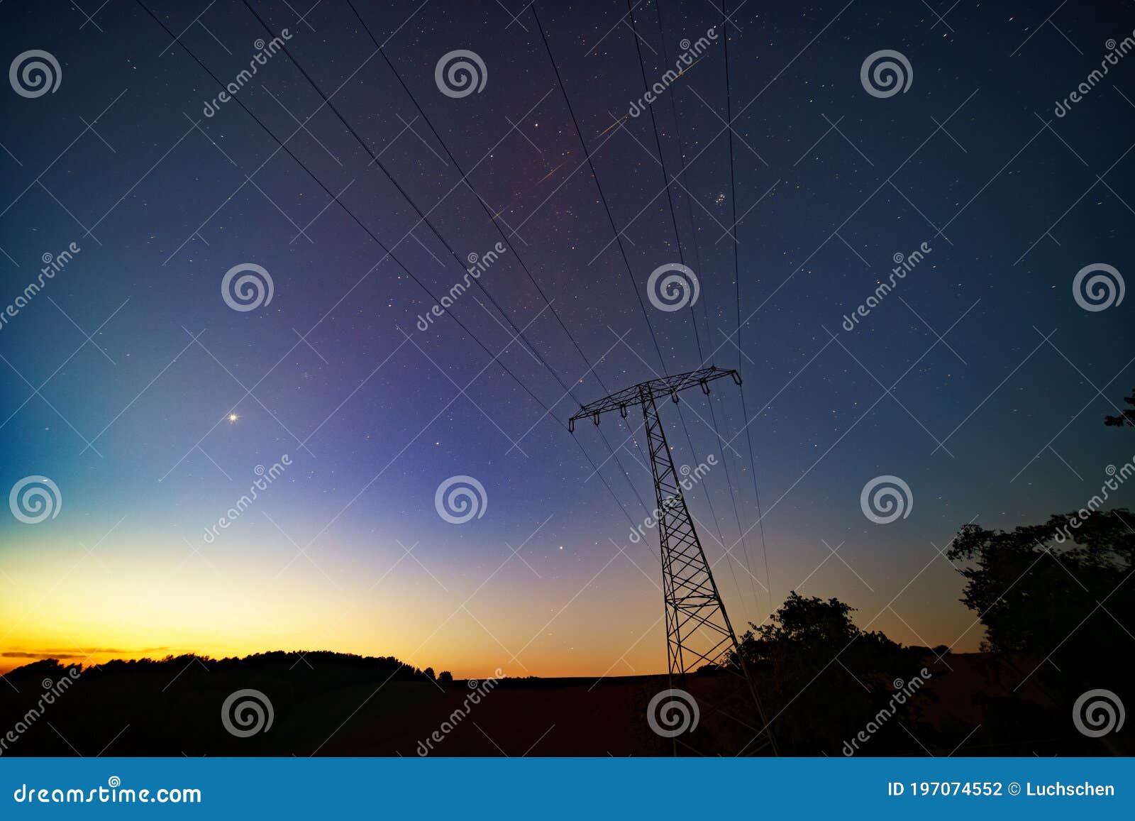 Night Landscape with Power Lines on the Starry Sky Stock Photo - Image ...