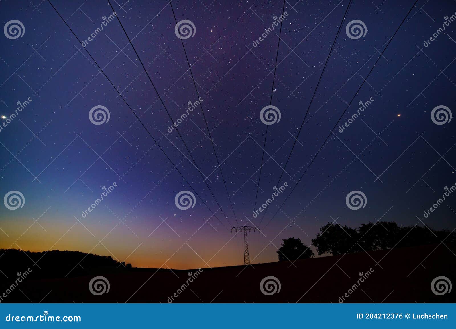 Night Landscape with Power Lines on the Starry Sky Stock Photo - Image ...