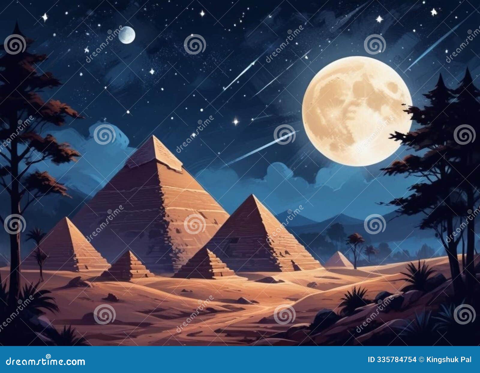 A Night Landscape with Pyramids, Trees and a Full Moon in the ...