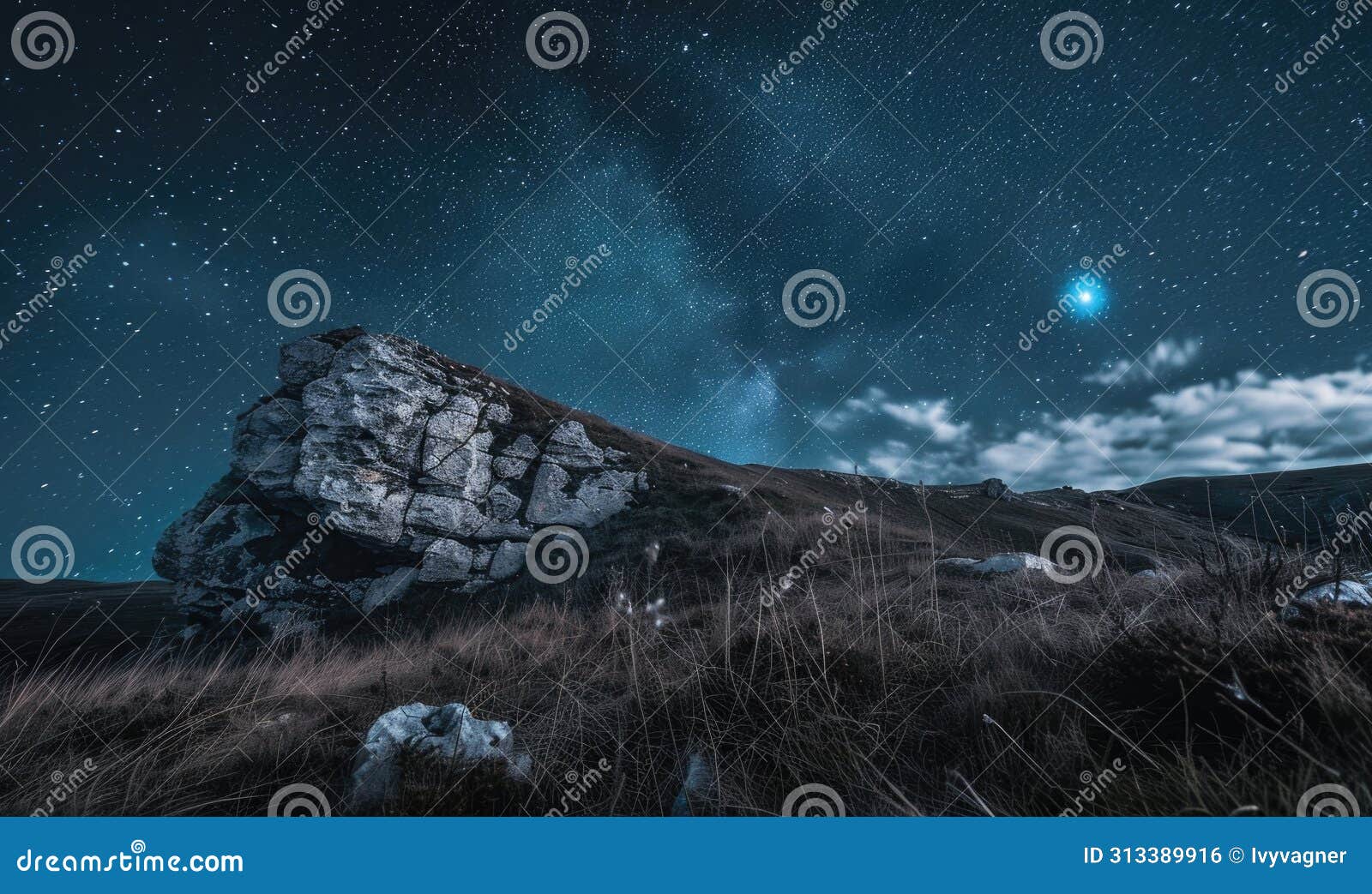 Night Landscape with Starry Sky and Rock Ledge Stock Photo - Image of ...