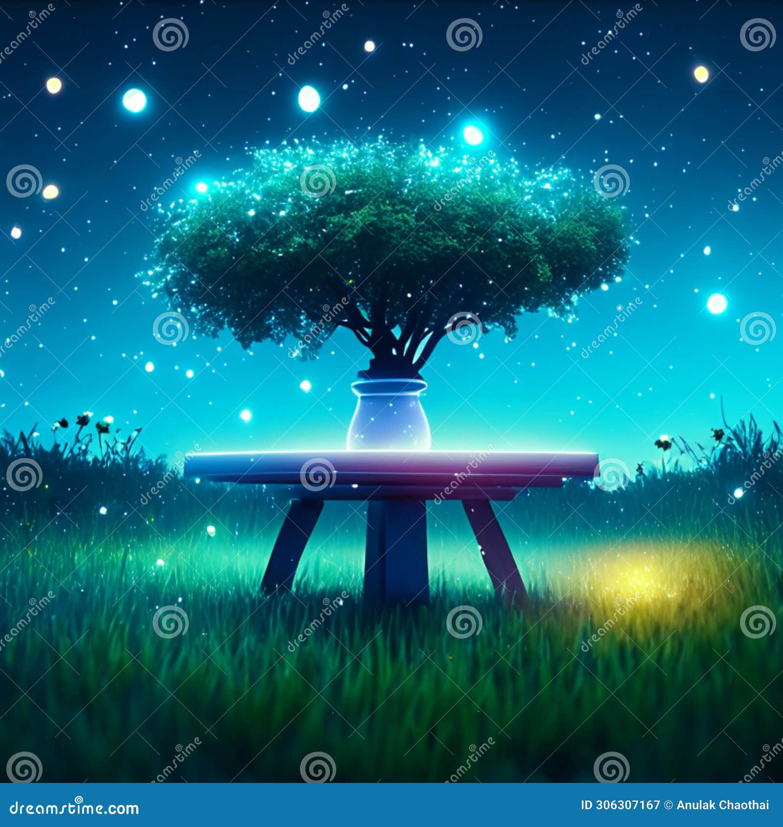 Night Landscape with Tree and Table. Vector Illustration in Cartoon ...