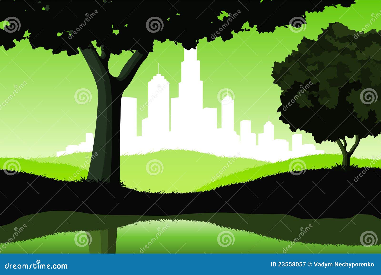 Night Landscape with Trees and City Silhouette Stock Vector ...