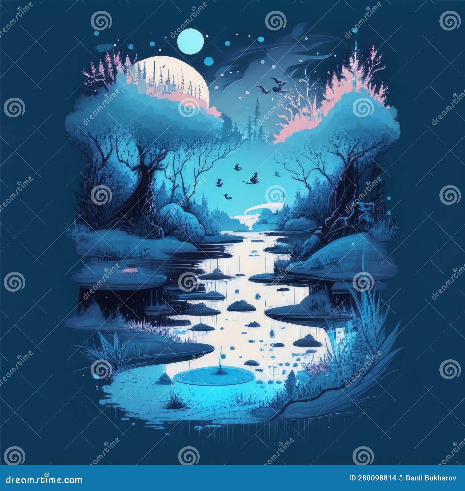 Trees, lake and moon stock illustration. Illustration of mountains ...
