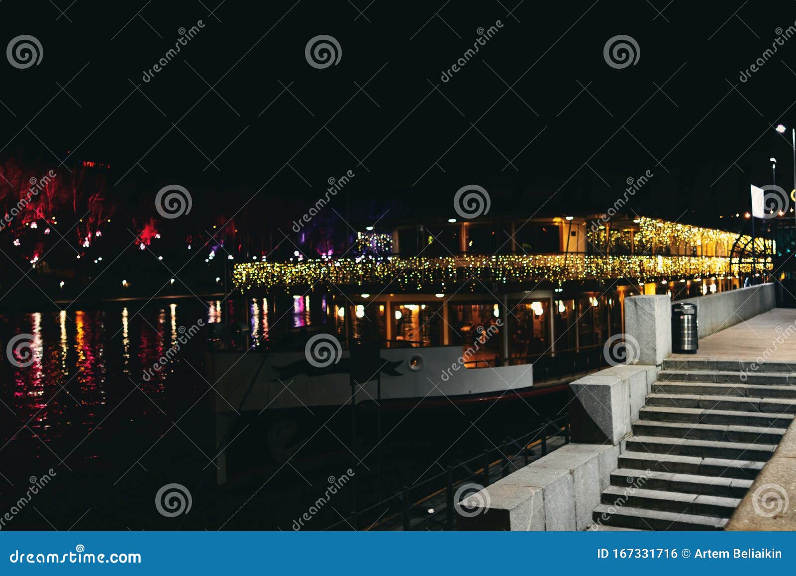 Night Lighting in the Park at Embankment. Stock Photo - Image of church ...
