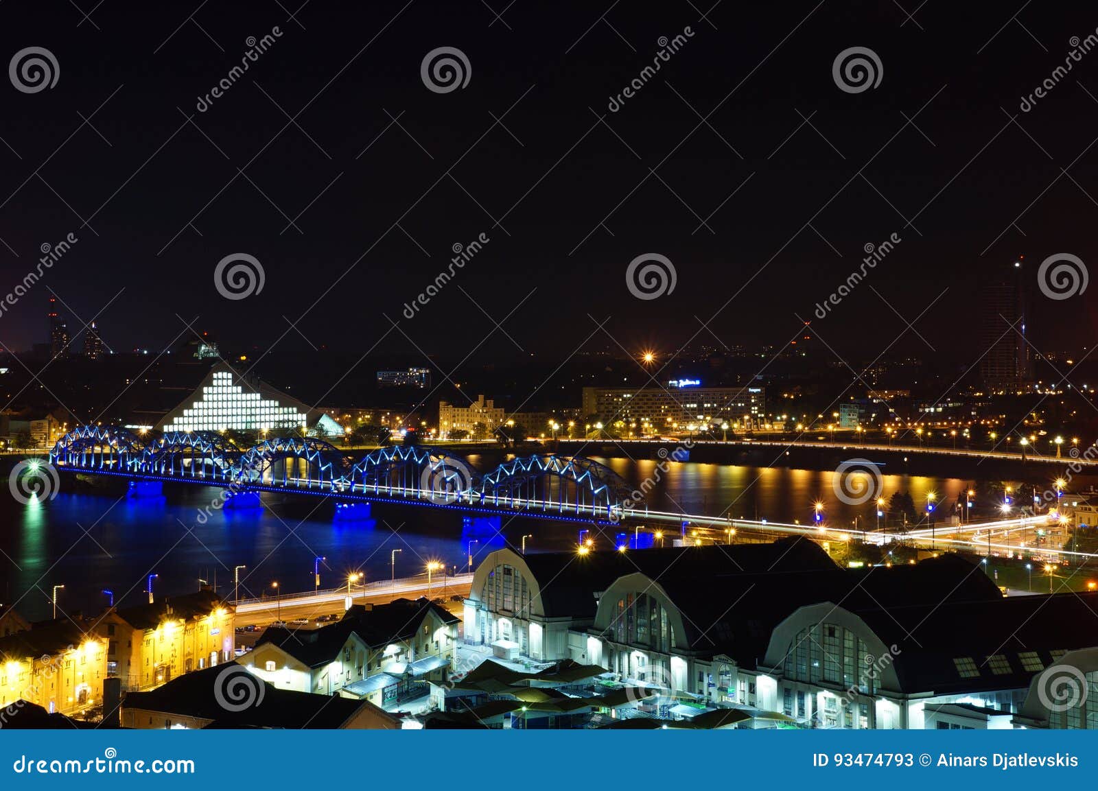 Night lights of Riga editorial stock photo. Image of scene - 93474793