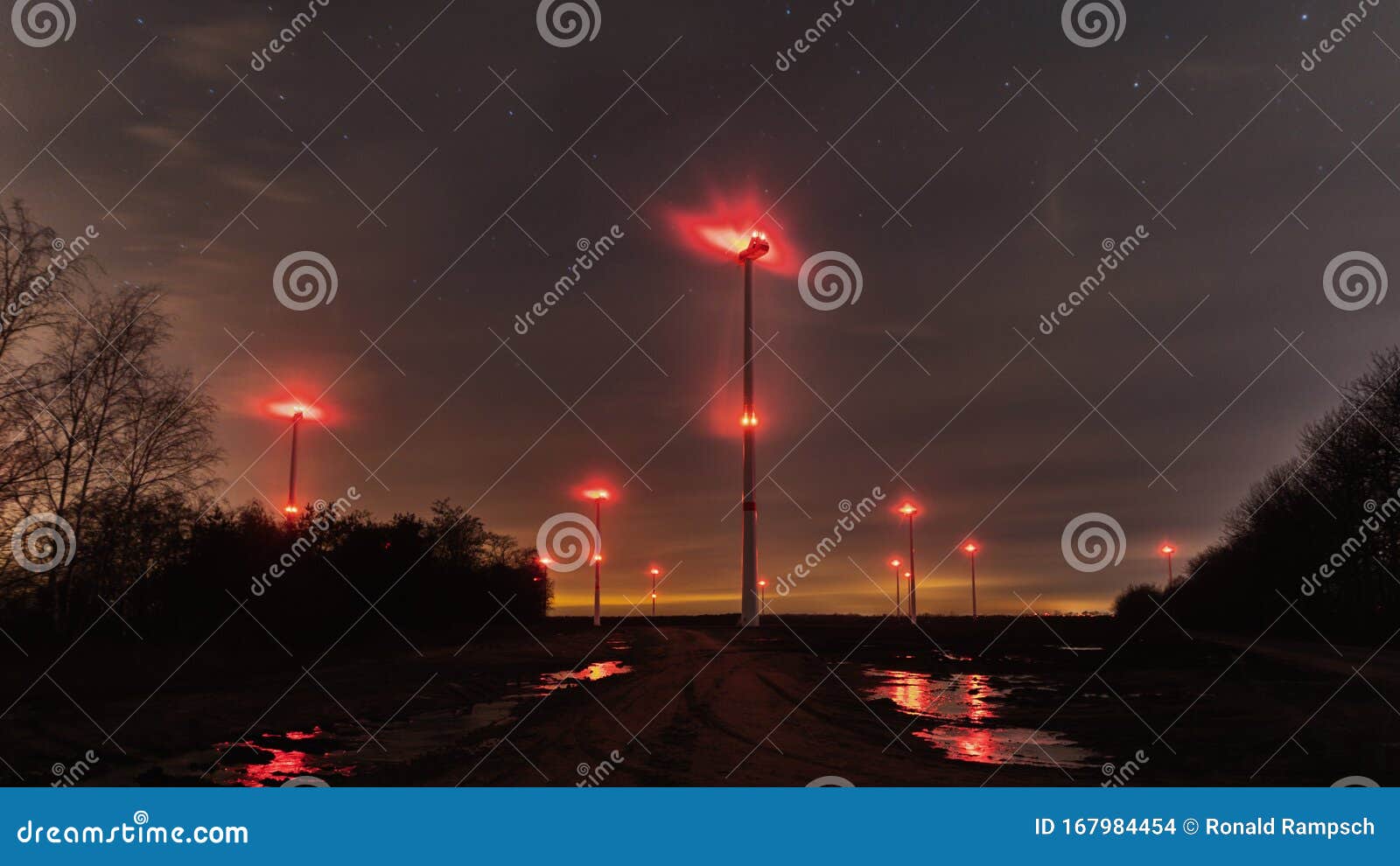 At Night the Lights in a Wind Farm Stock Photo - Image of evening ...