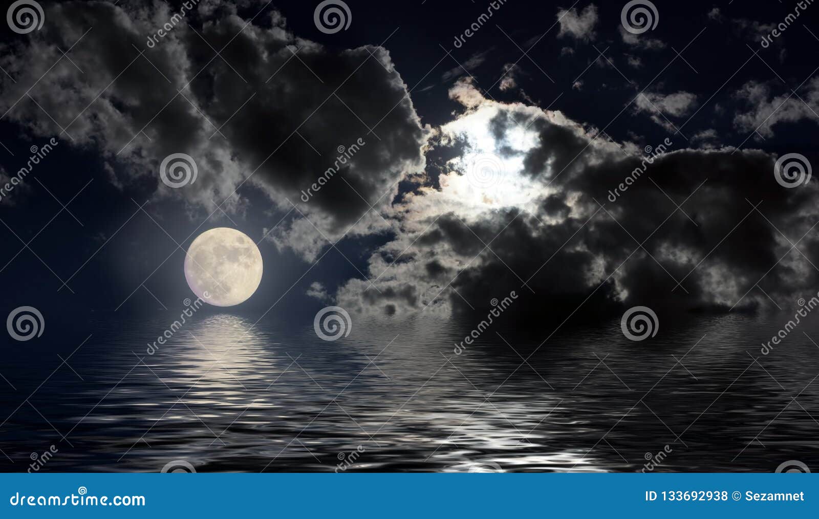 Night Lunar Landscape Full Moon Reflected in Water Night Clouds Stock ...
