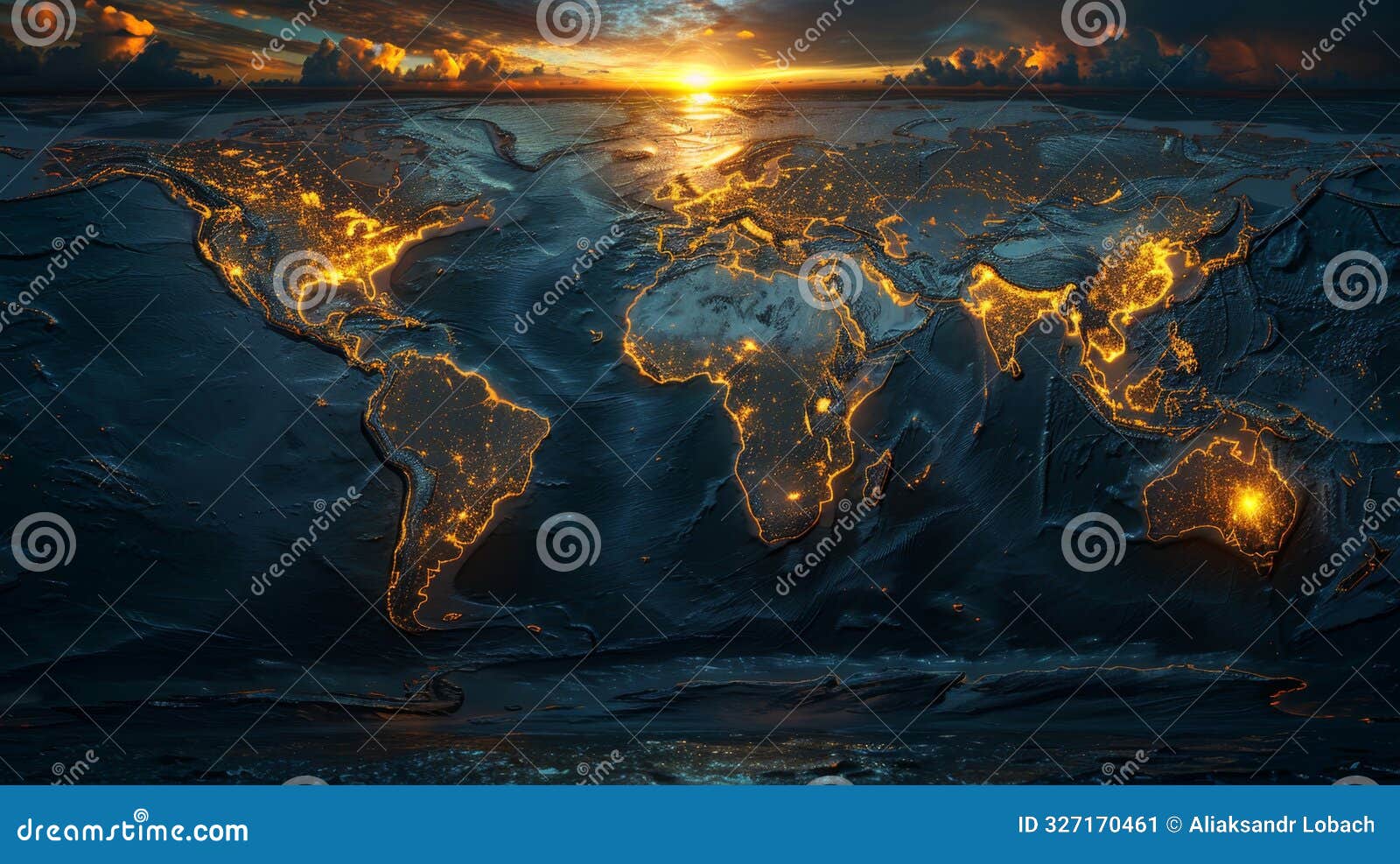 Night Map of the World with Glowing Lights. Illuminated Geographical ...