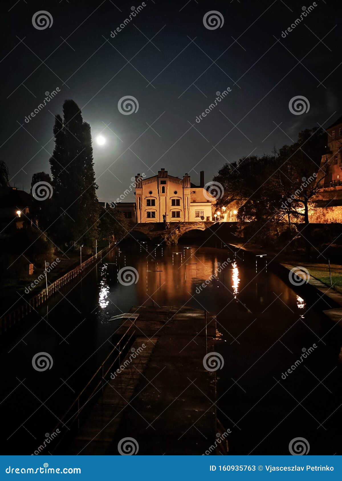 Night Moon Evening Streets Lamp TreeRiver Stock Image - Image of lamp ...