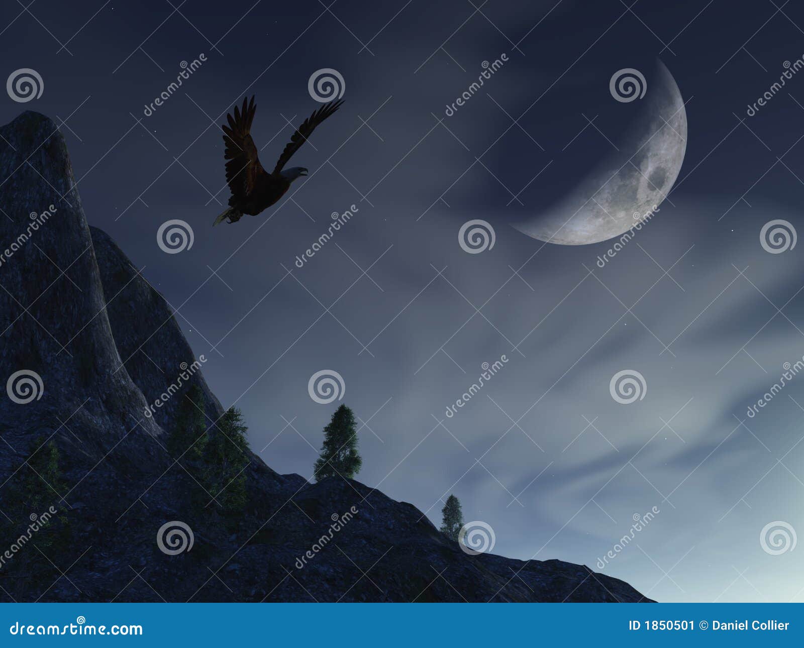 Night Moon Over Mountain Eagle Stock Illustration - Illustration of ...