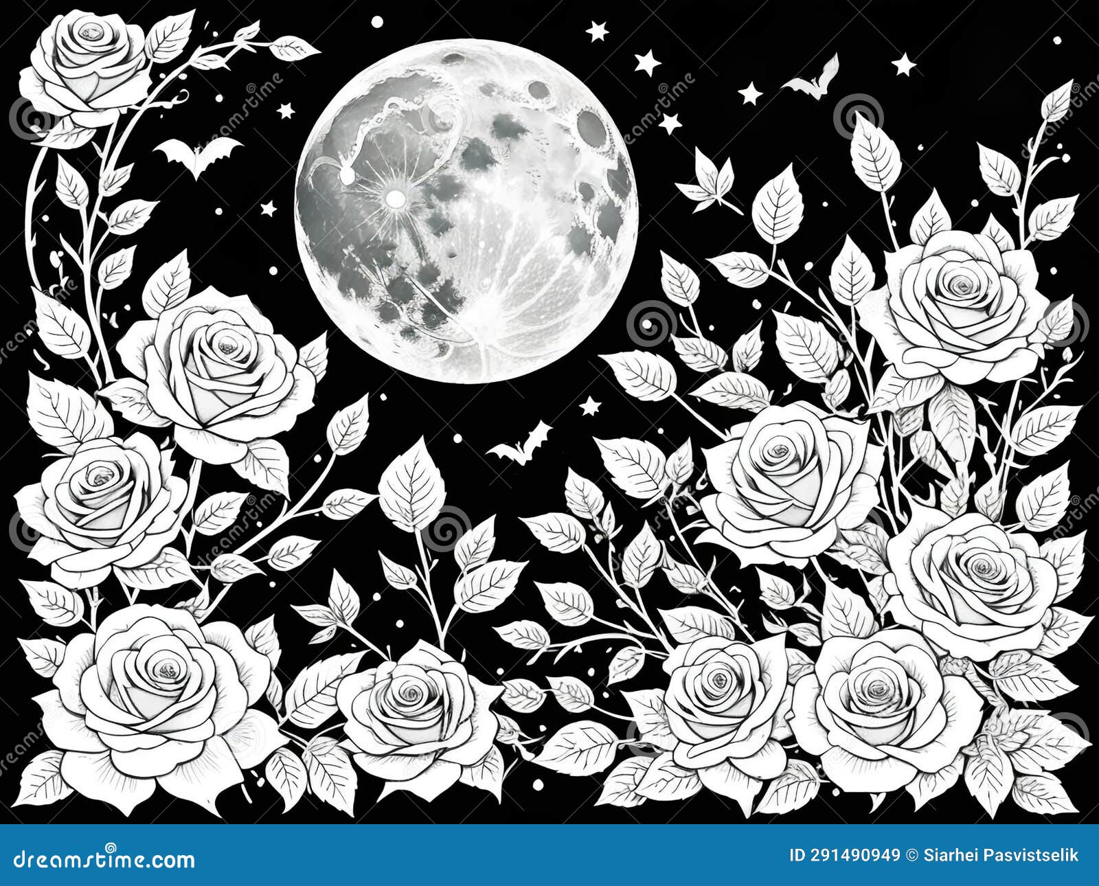 Black & White: Night Moon Rose Stock Illustration - Illustration of ...