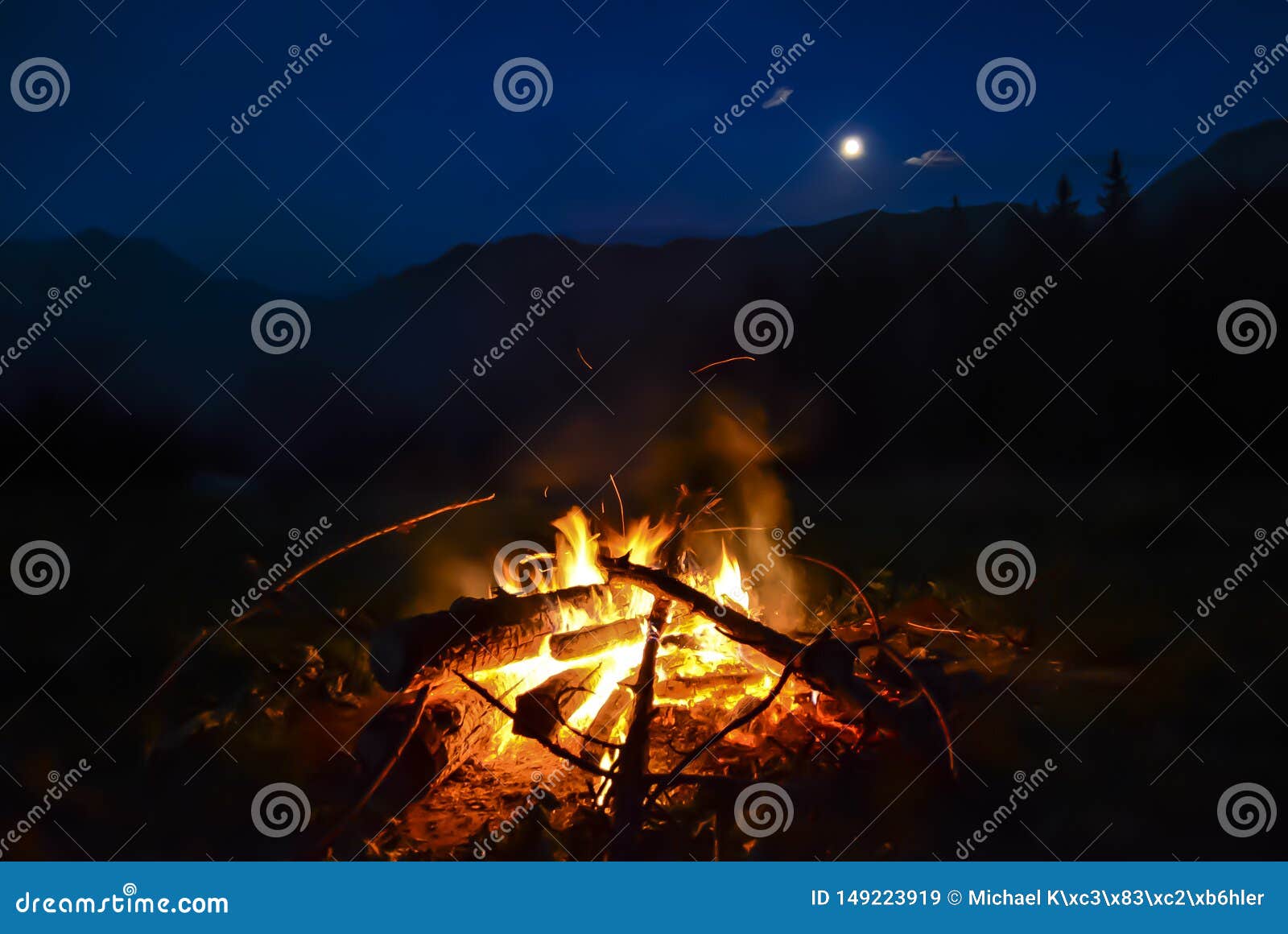 Night Moonlight Bonfire Fire in the Mountains Stock Image - Image of ...