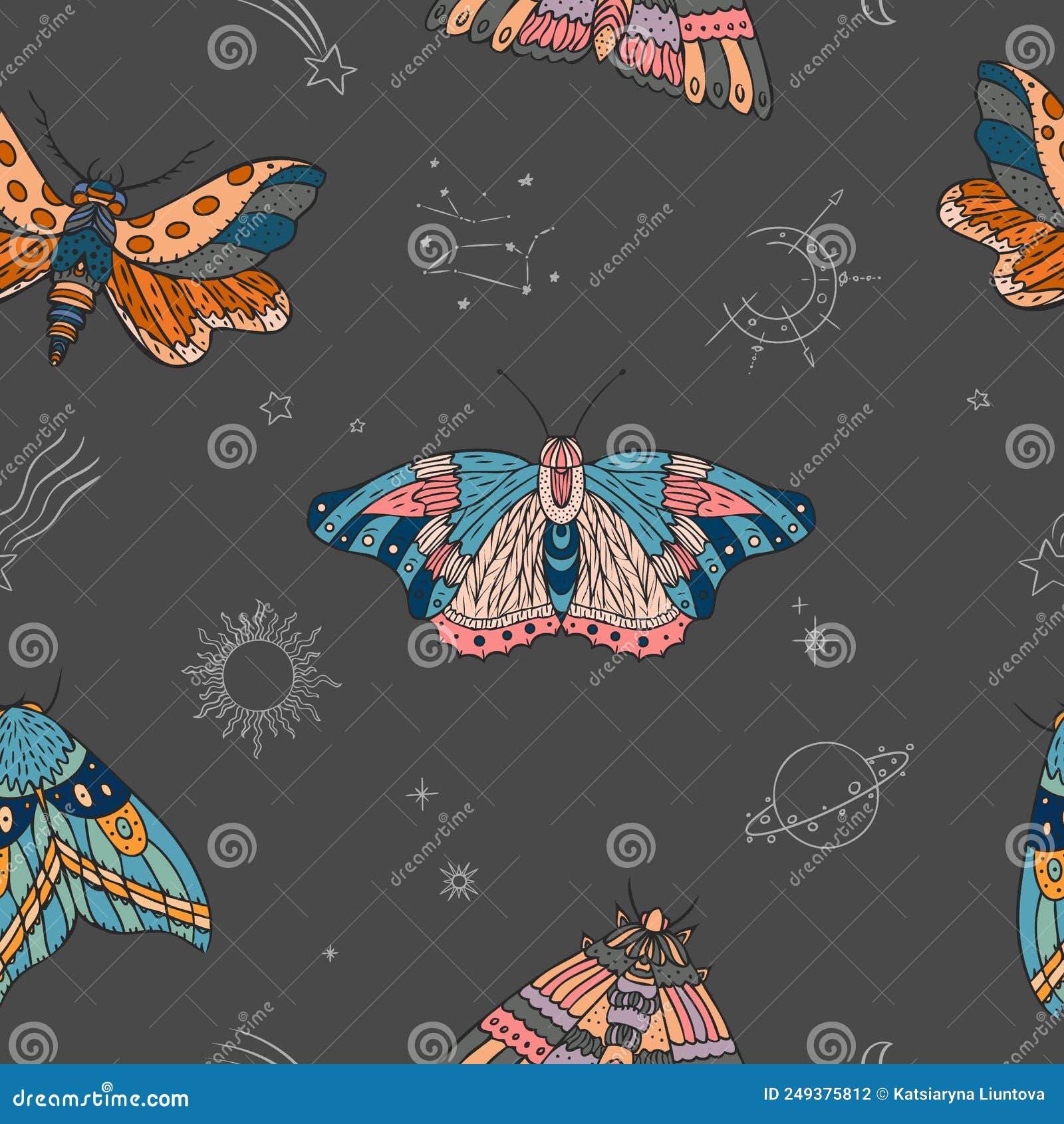 Night Moth, Symbols of the Sky, Sun and Moon Vector Seamless Pattern ...