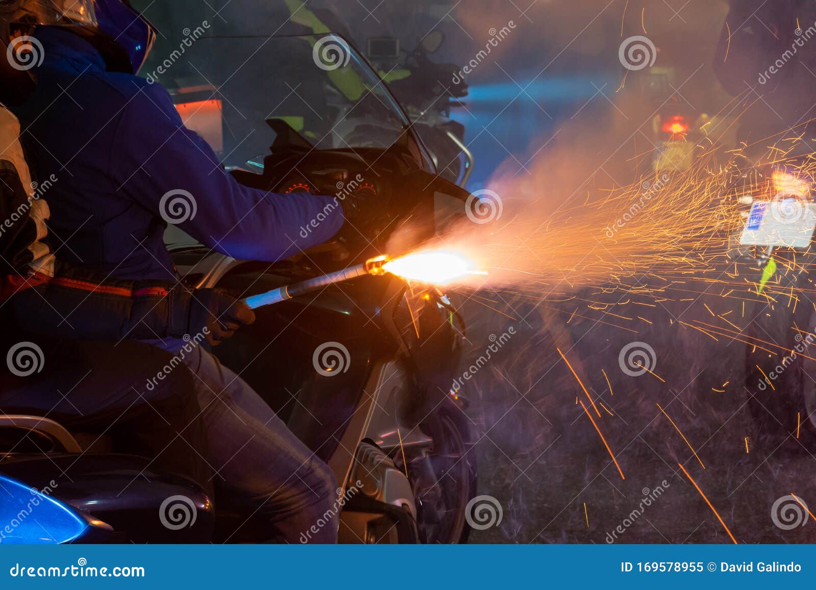 Night Motorcycle Parade with Torches in the Fog Stock Image - Image of ...