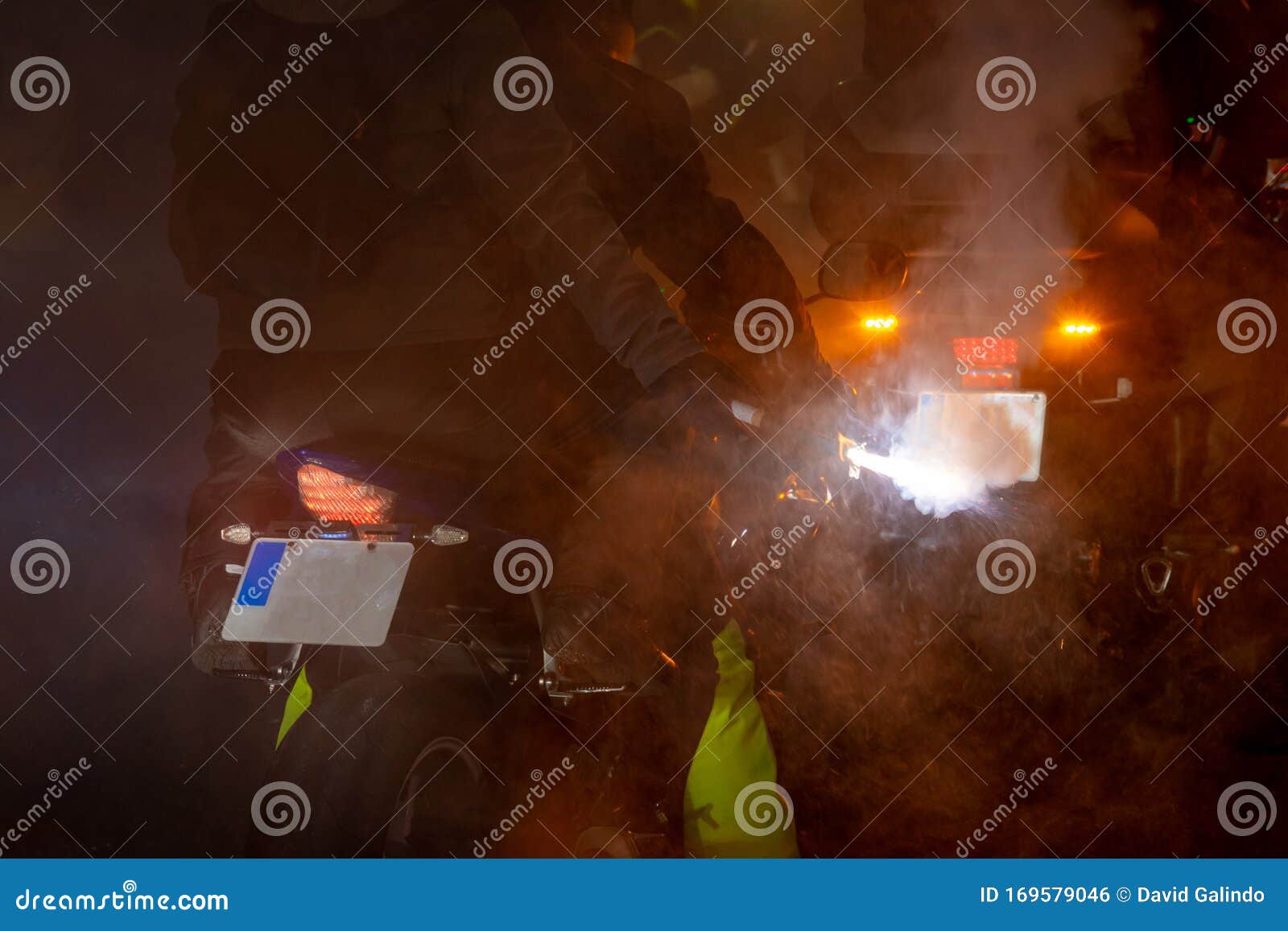 Night Motorcycle Parade with Torches in the Fog Stock Photo - Image of ...