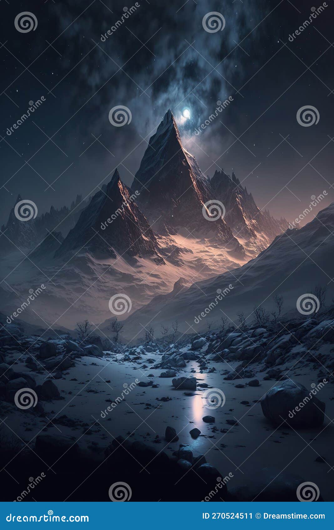 Night Mountain Landscape with Stars and Moon Shining through the Clouds ...