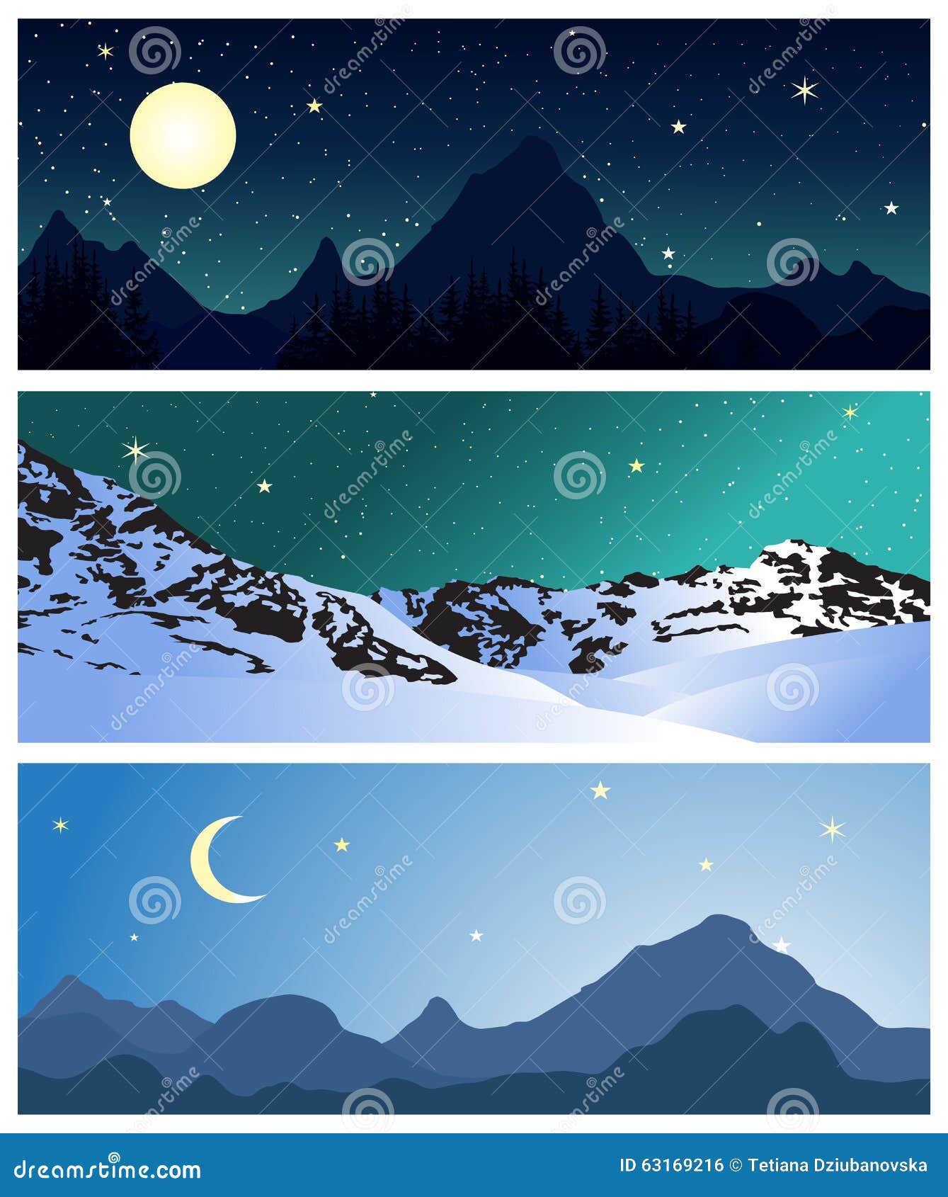 Night Mountain Landscapes. Vector Set. Stock Vector - Illustration of ...